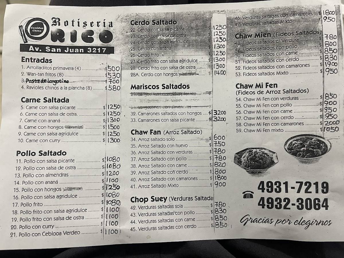 Menu at Rico restaurant, Buenos Aires, Av. San Juan 3217