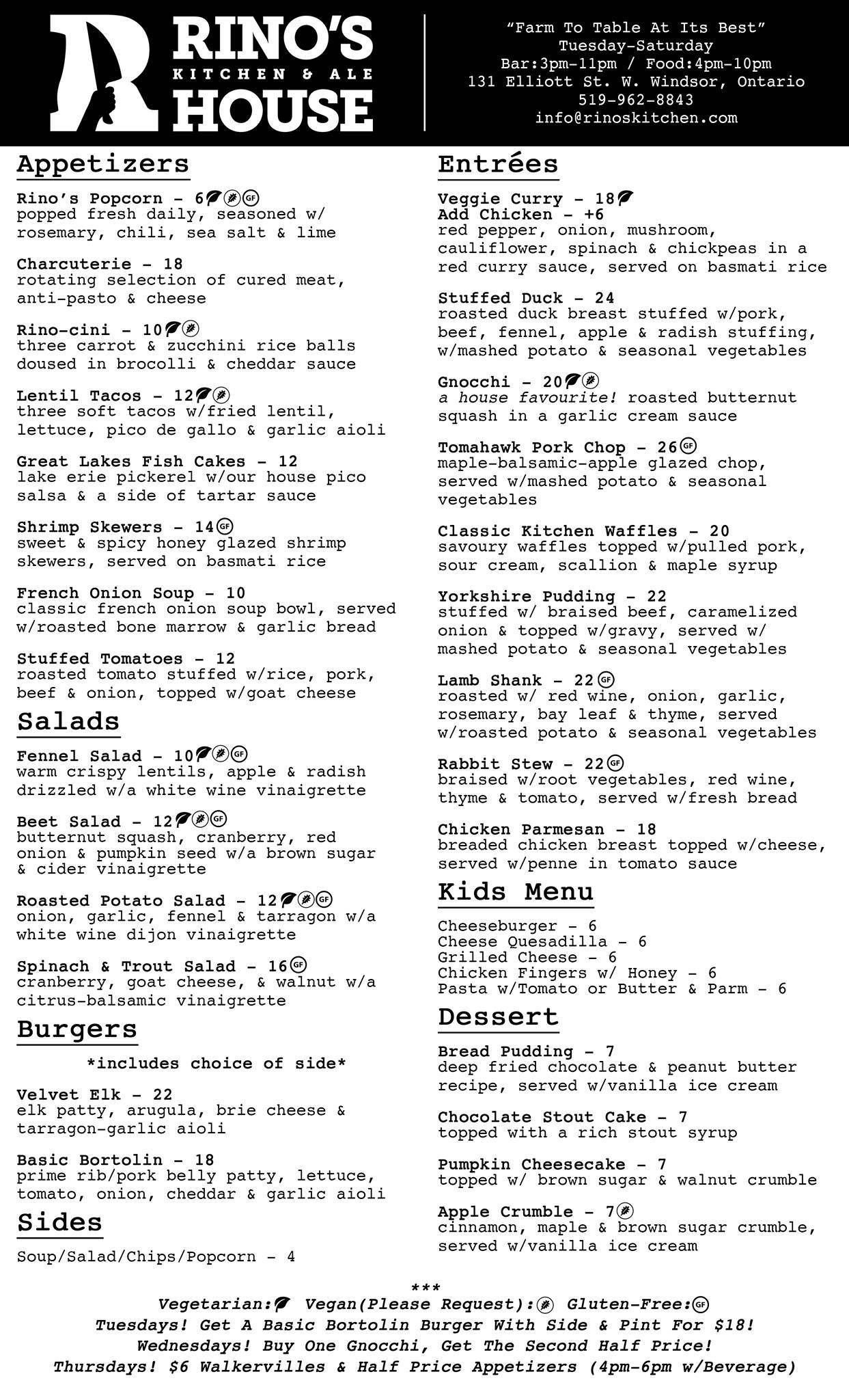 Menu at Rino's Kitchen & Ale House pub & bar, Windsor