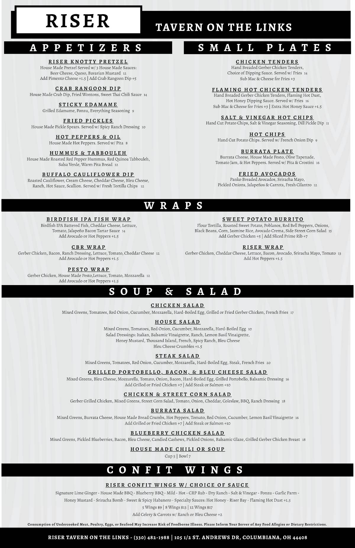 Menu at Riser Tavern on the Links pub & bar, Columbiana