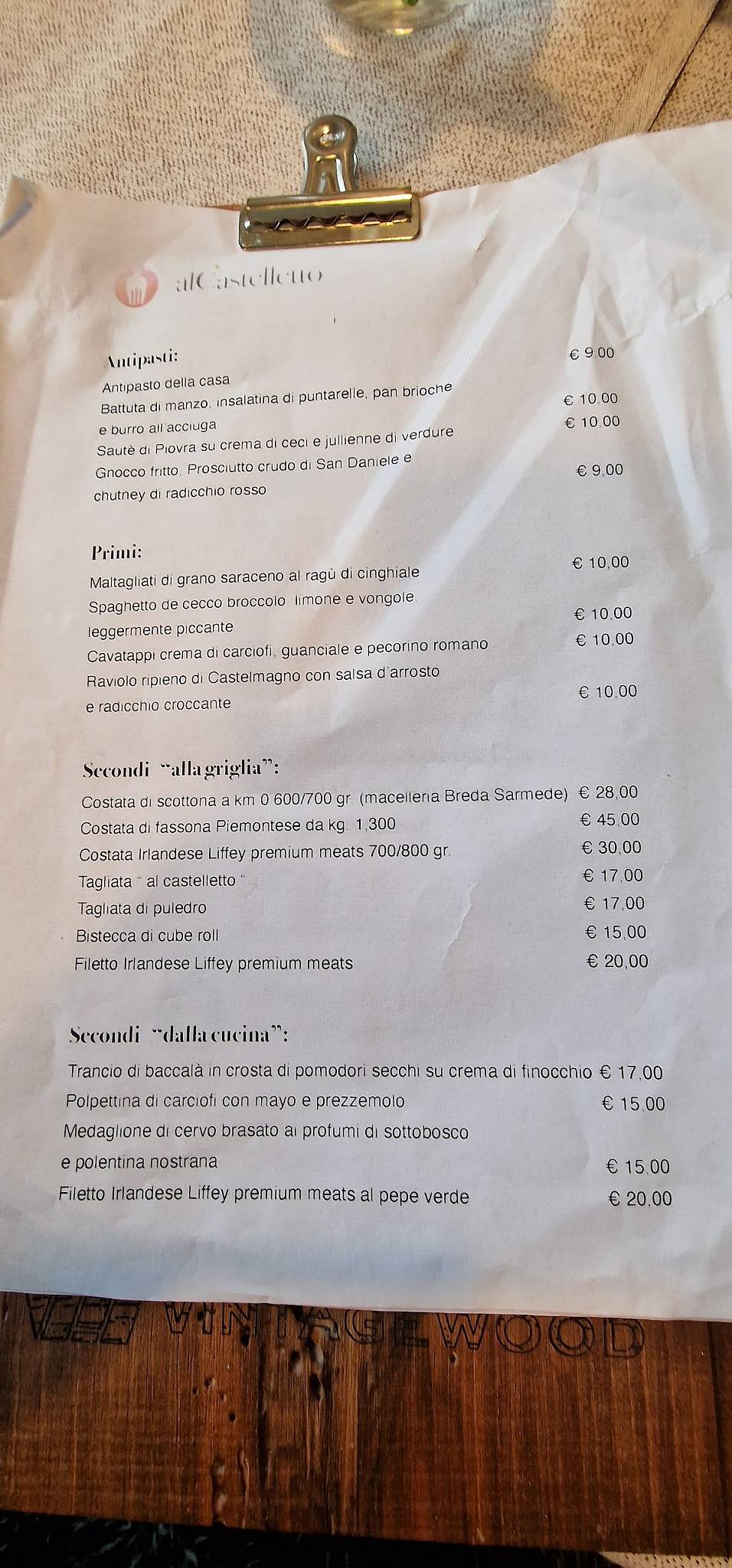 Menu da Ristorante Al Castelletto, Cappella Maggiore