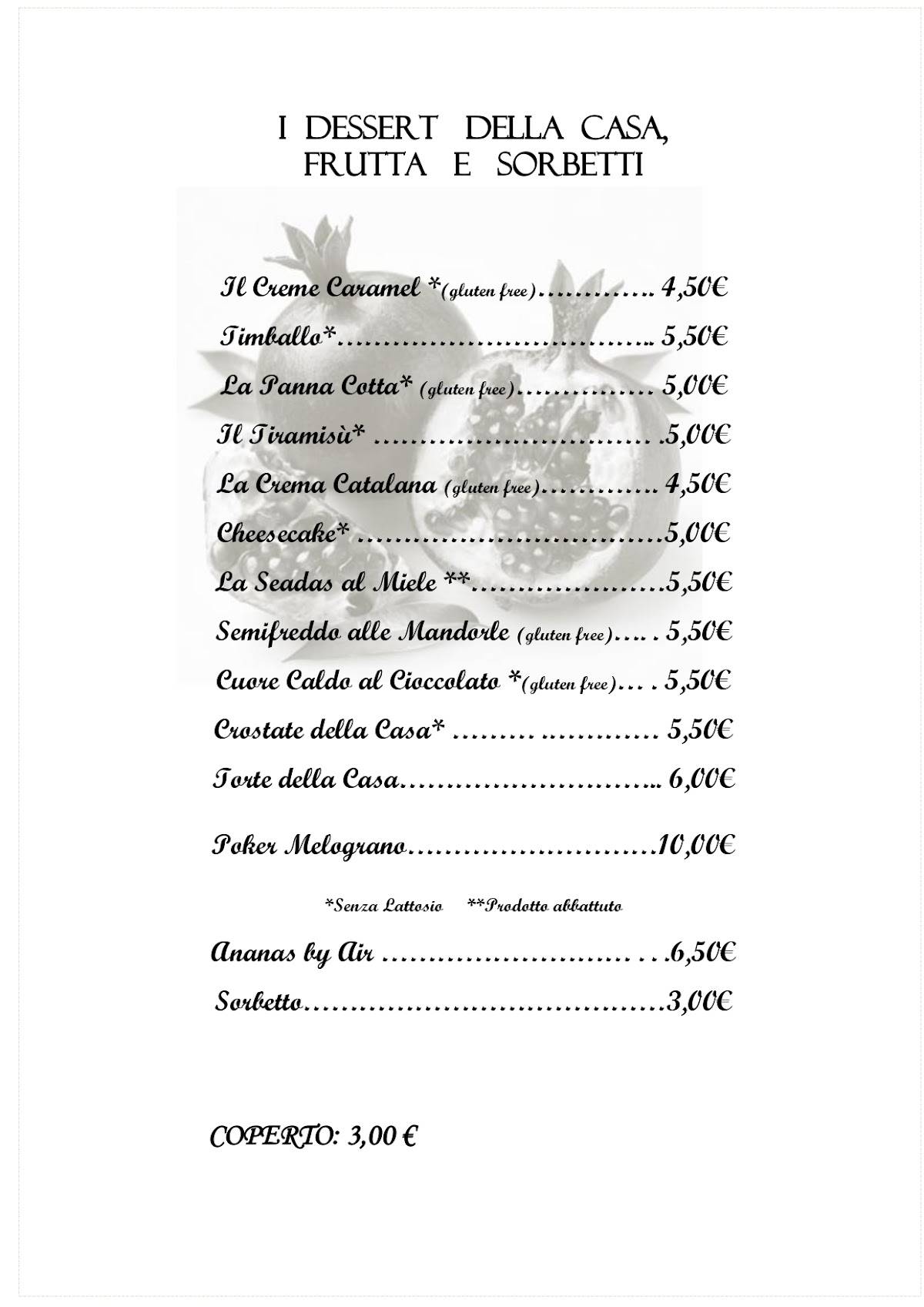 Menu da Il Melograno ristorante, Nuchis