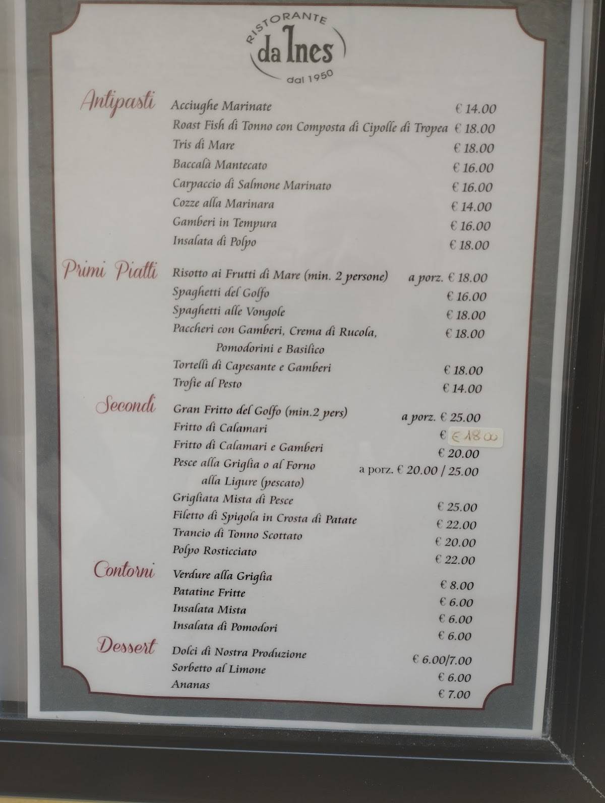 Menu da Ristorante Ines, Noli