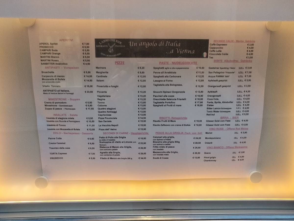 Carta del restaurante Ristorante L`asino Che Ride, Viena ...
