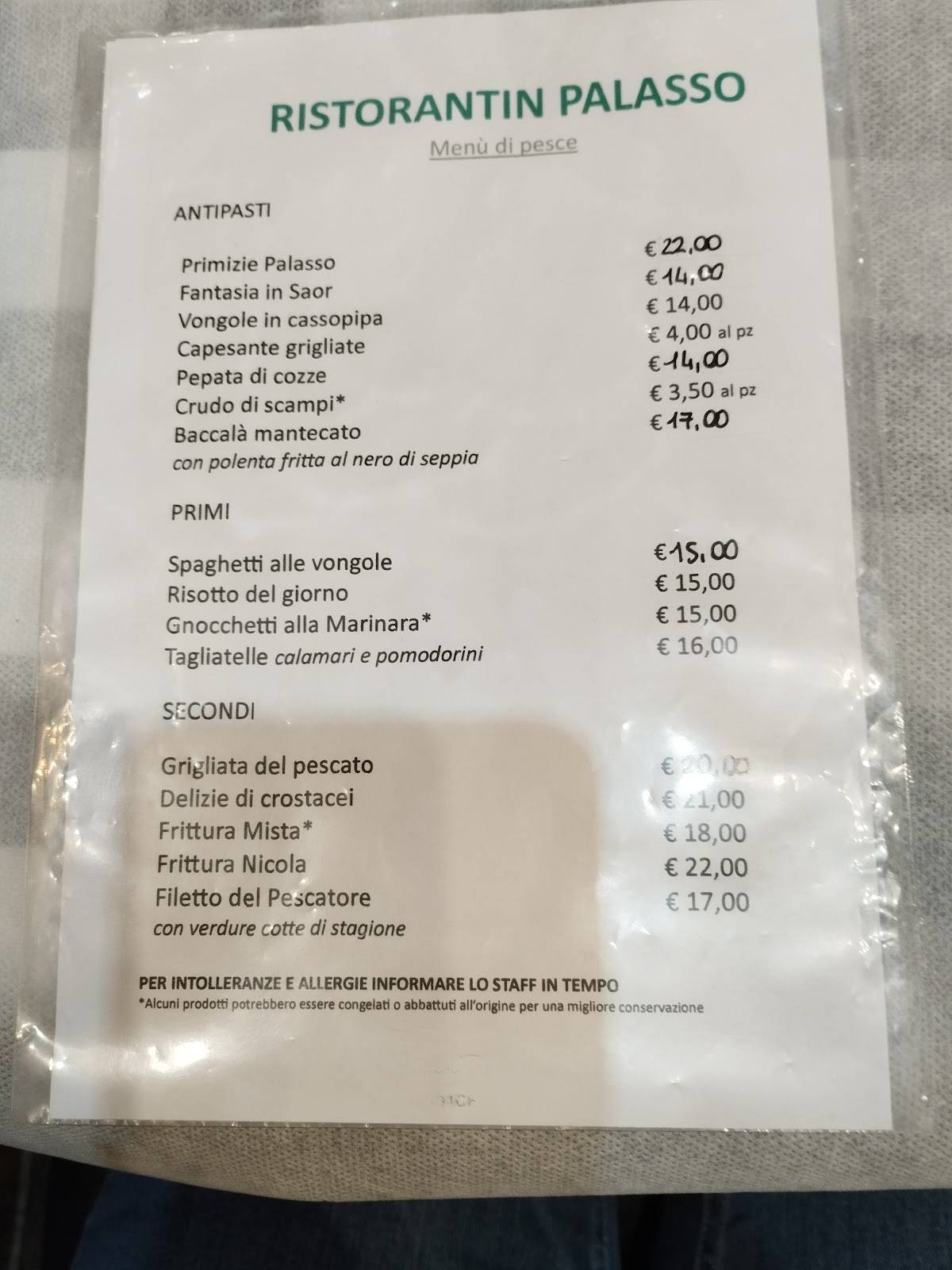 Menu da Ristorante Palazzo, Chioggia