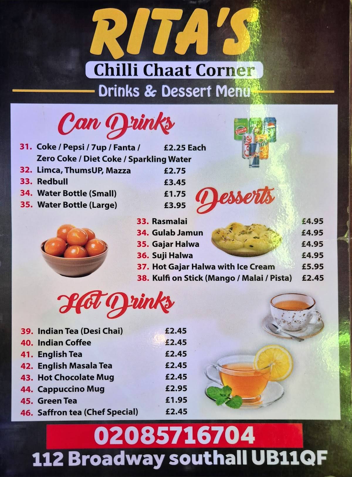 Menu at Rita's Chilli Chaat Corner restaurant, Southall