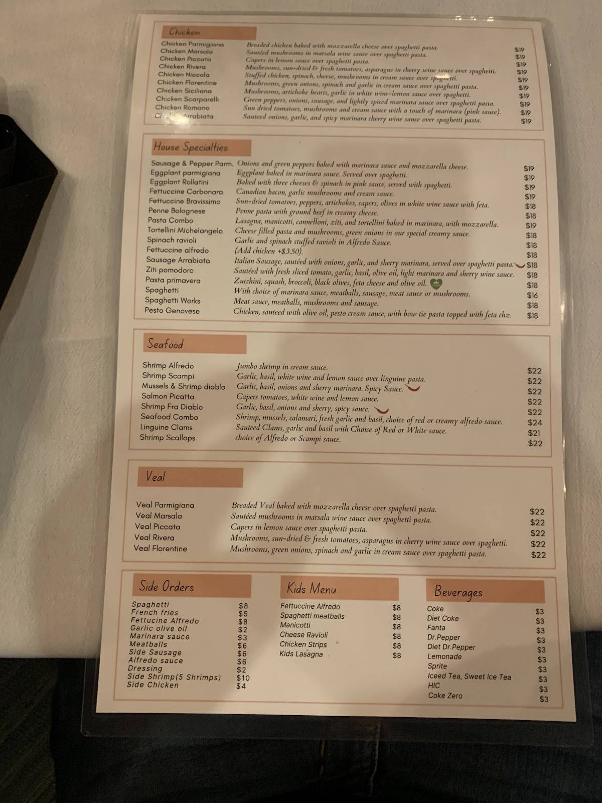 Menu at Rivera Italian Restaurant, North Little Rock