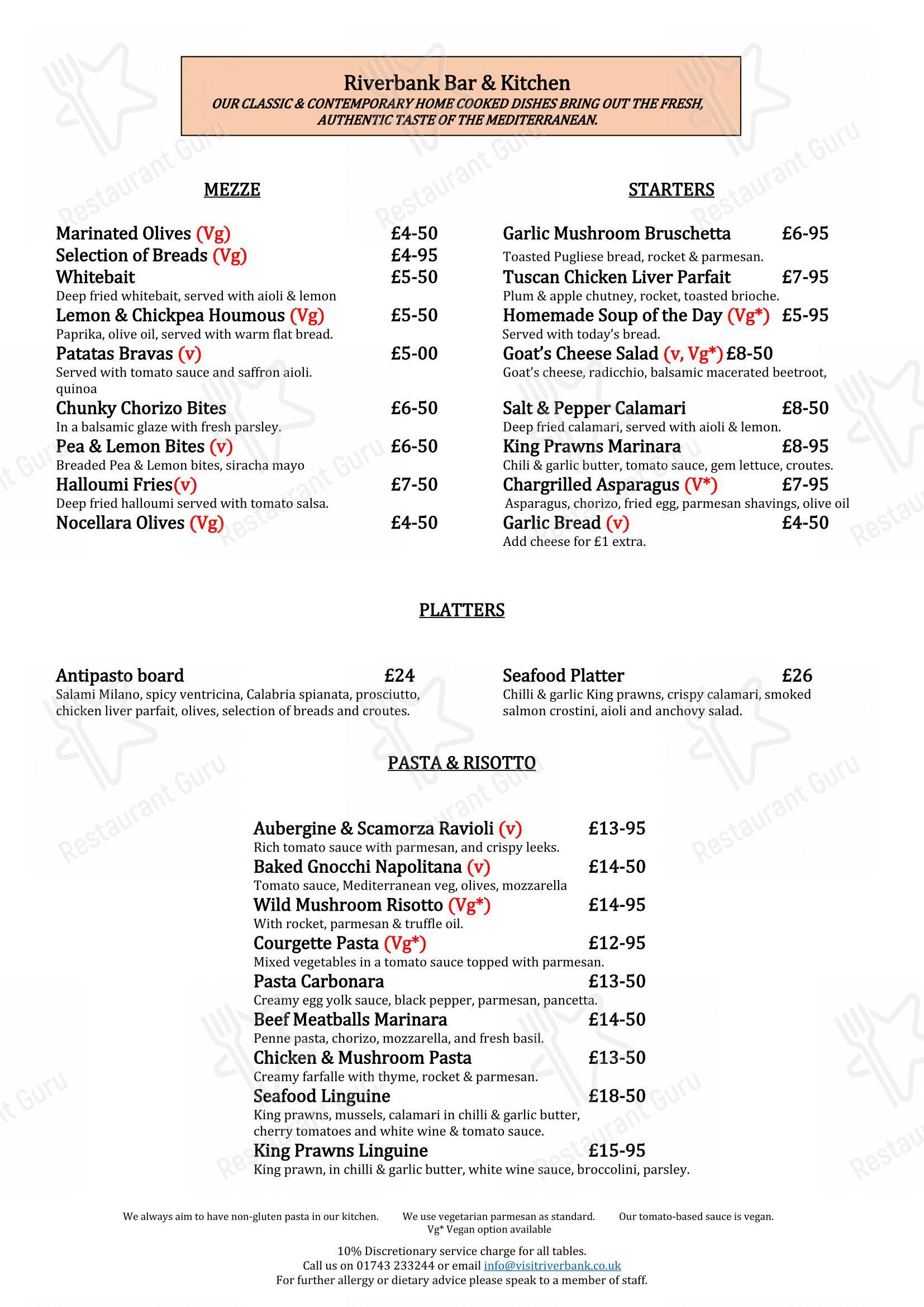Menu at Riverbank Bar + Kitchen, Shrewsbury