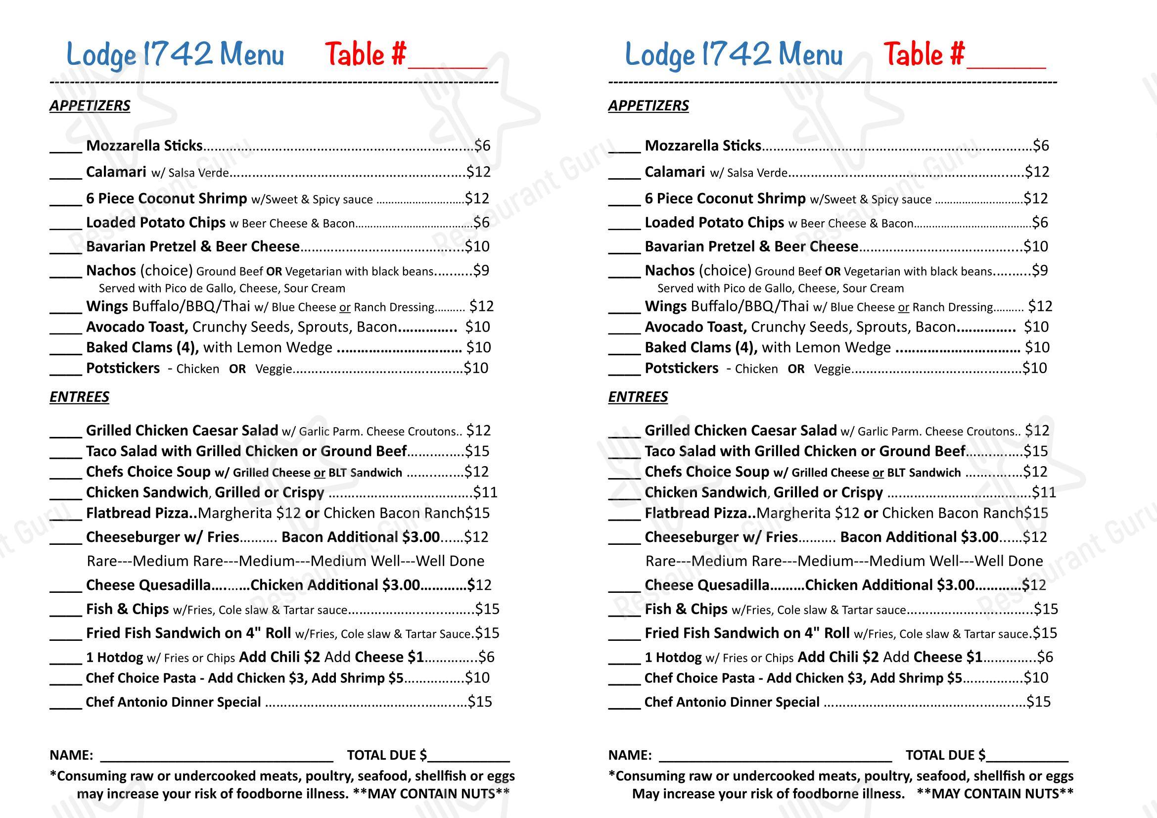 Menu at Riverhead Moose Lodge - 1742 restaurant, Riverhead