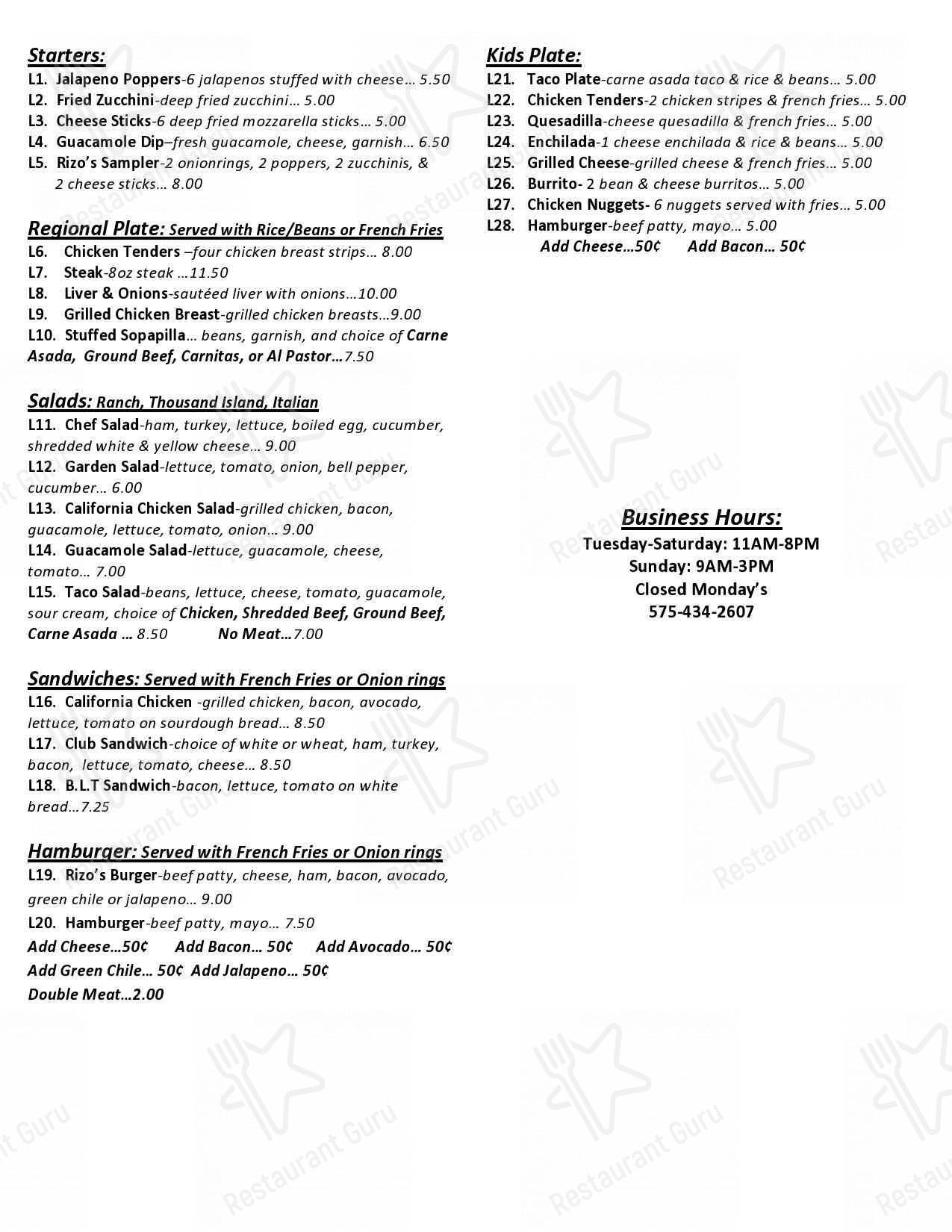 Menu at Rizo's Restaurant, Alamogordo