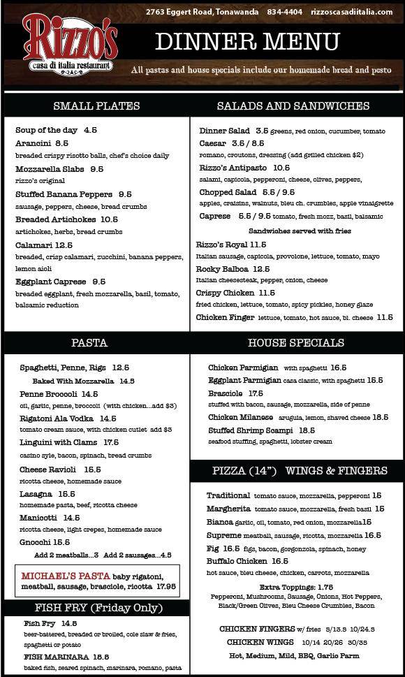 Menu at Rizzo's Casa Di Italia Restaurant, Tonawanda