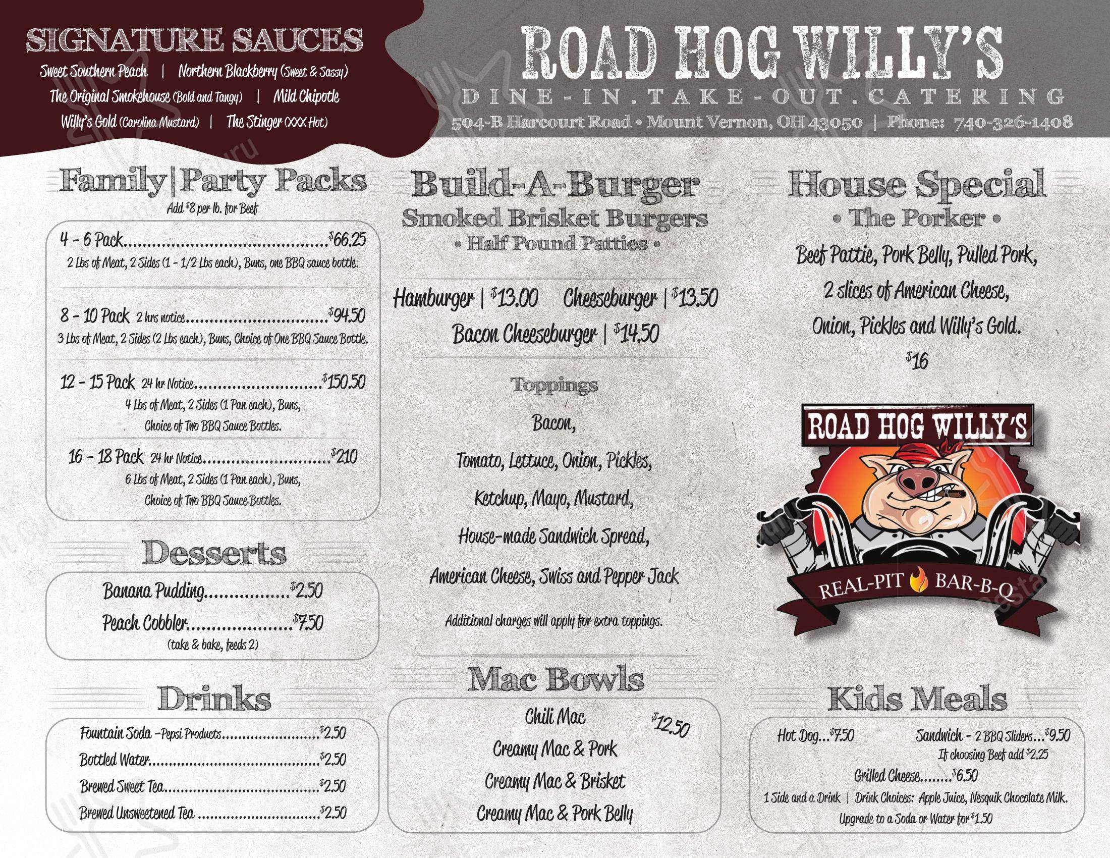 Menu at Road Hog Willy's Real Pit Bar-B-Q, Mount Vernon