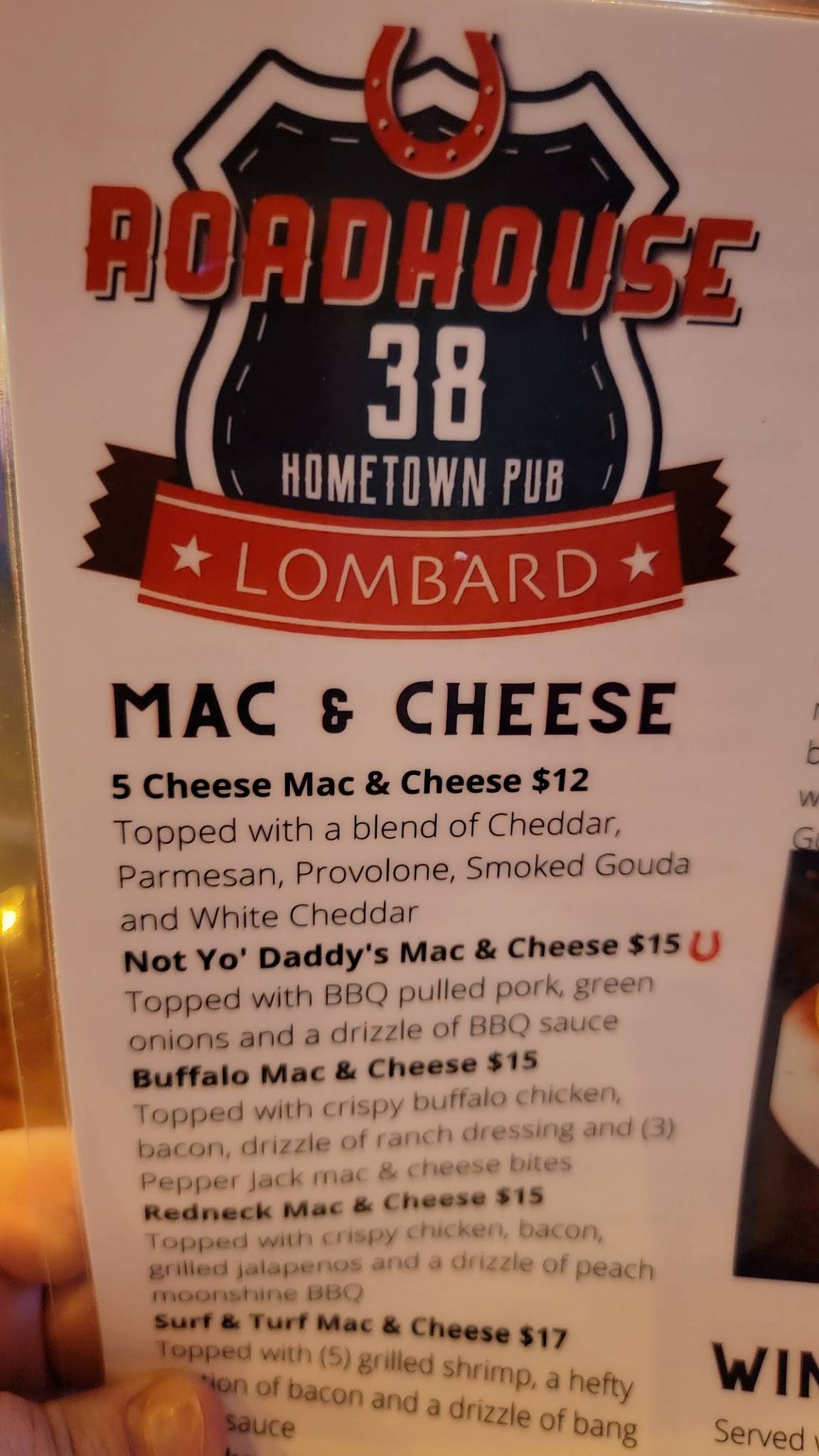 Menu at Roadhouse 38 pub & bar, Lombard