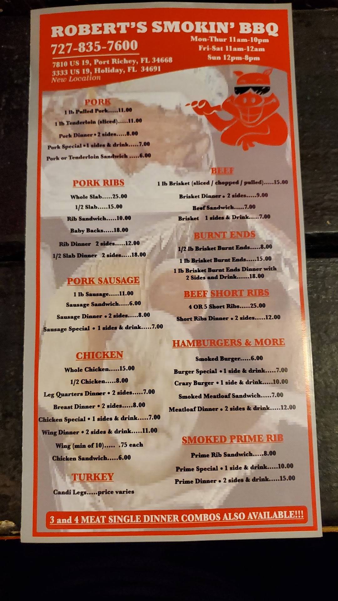 Menu at Robert's Smokin' BBQ, Port Richey