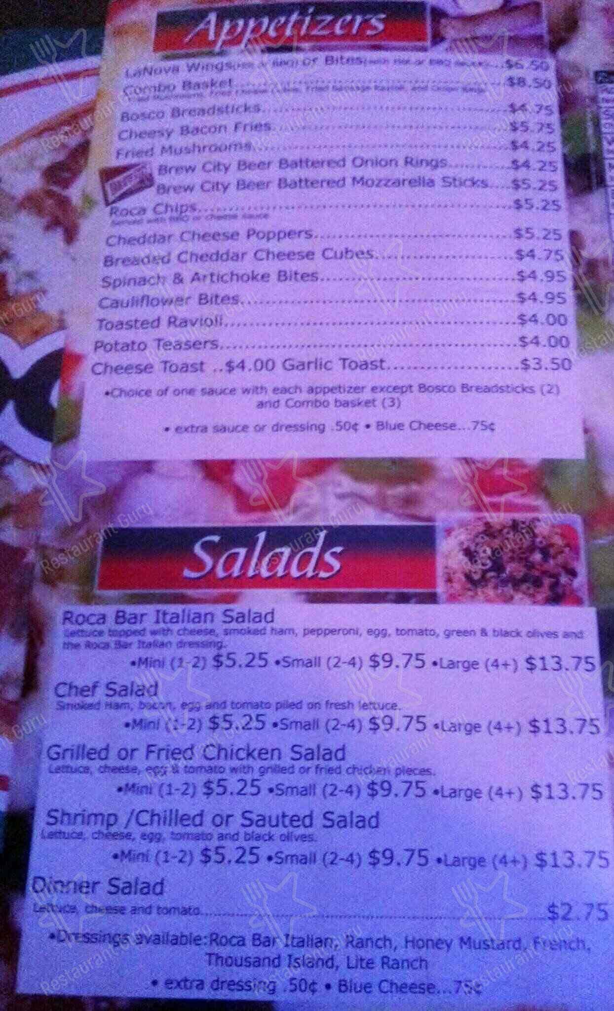 Menu at Roca Bar, Evansville, Washington Avenue