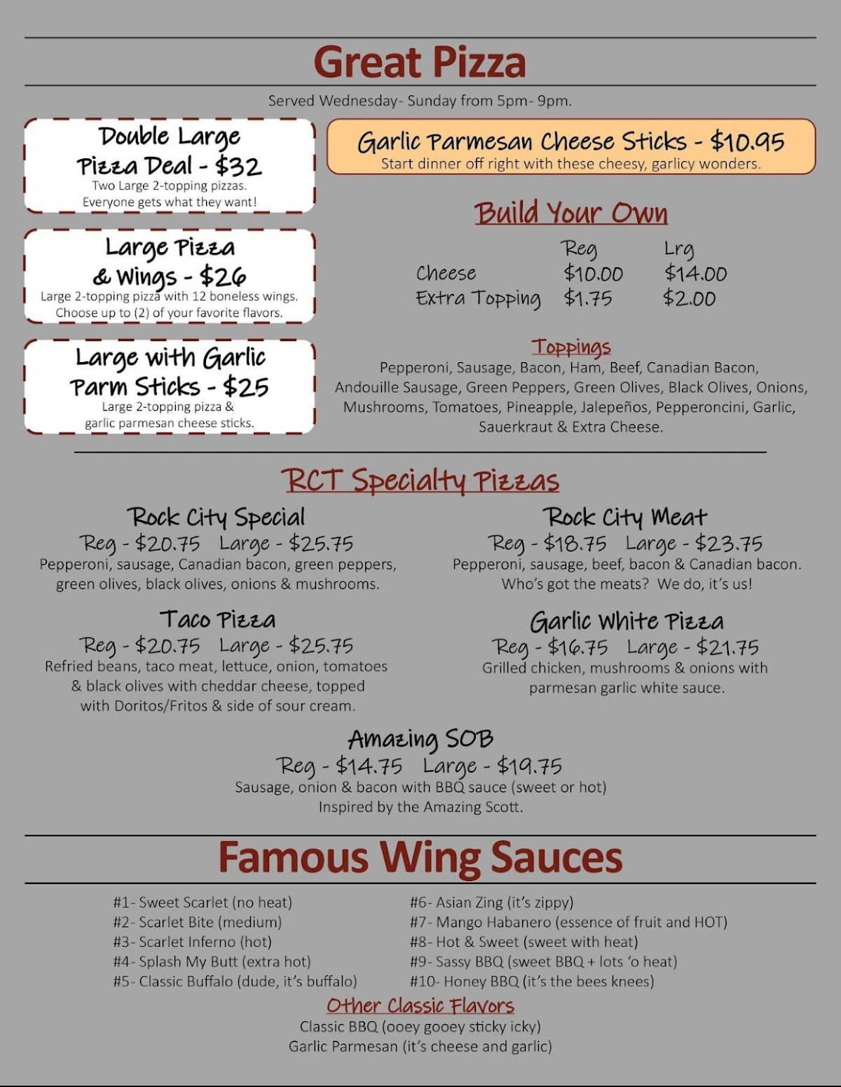 Menu at Rock City Tap Inc pub & bar, Rock City