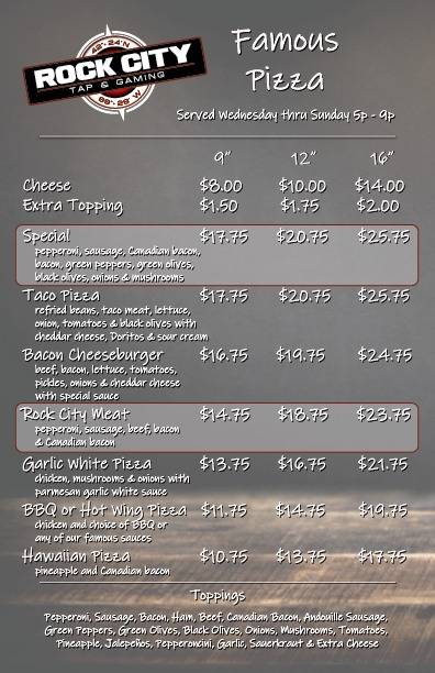 Menu at Rock City Tap Inc pub & bar, Rock City