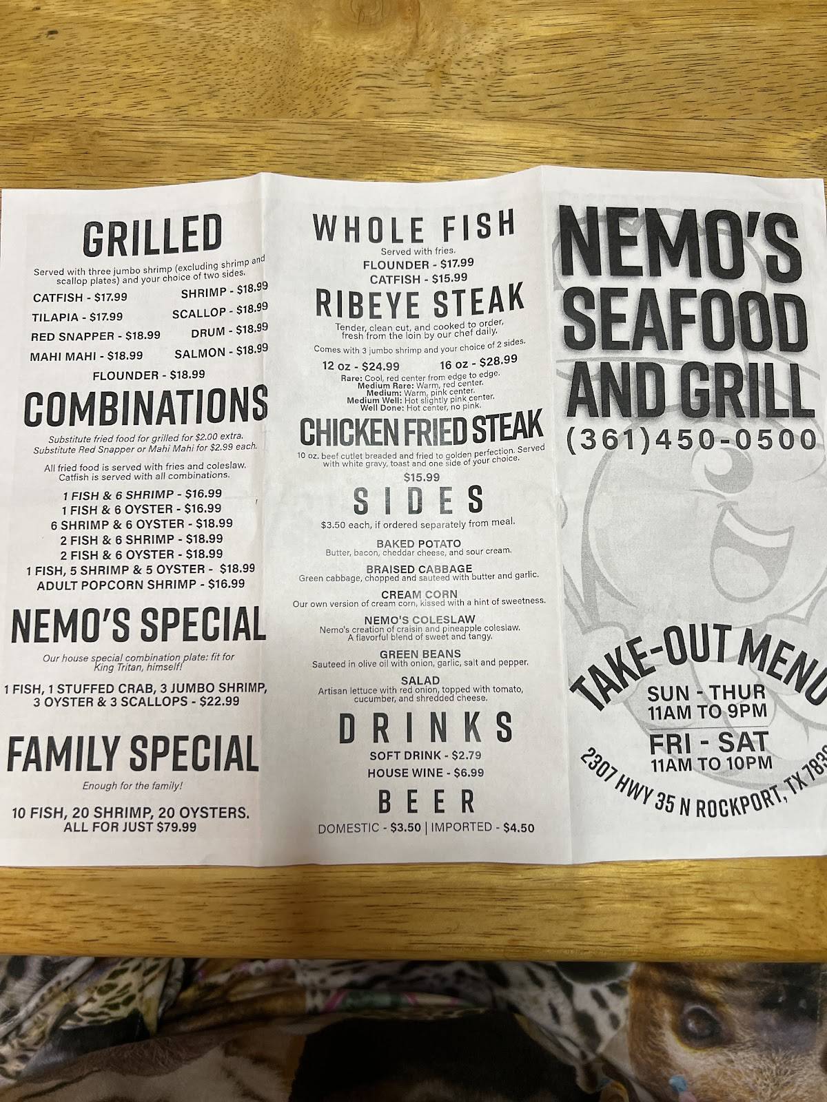 Menu at Nemo's Seafood and Grill restaurant, Rockport