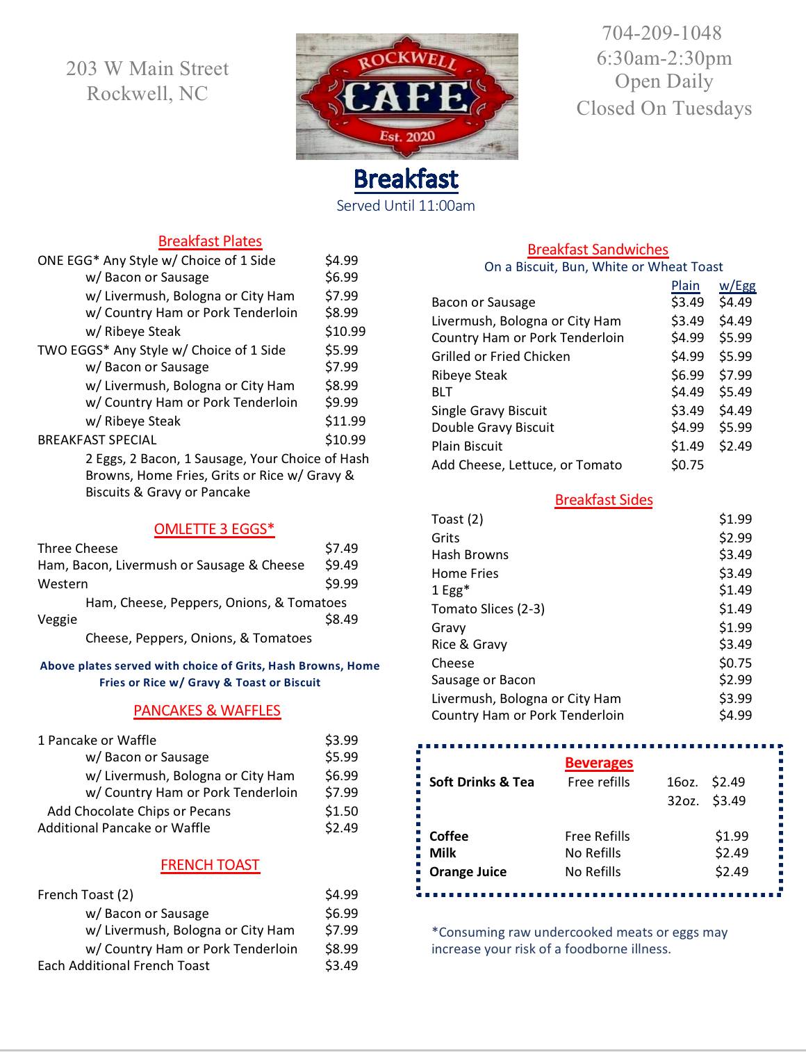Menu at Rockwell Cafe, Rockwell, 203 W Main St