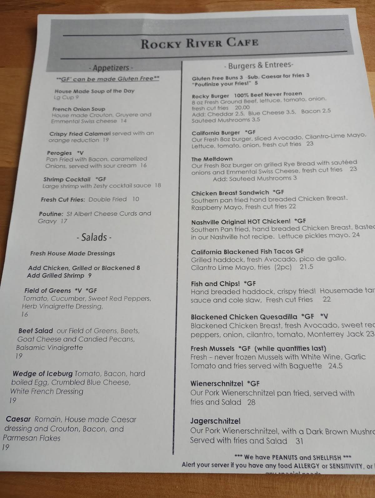 Menu at Rocky River Cafe, Perth