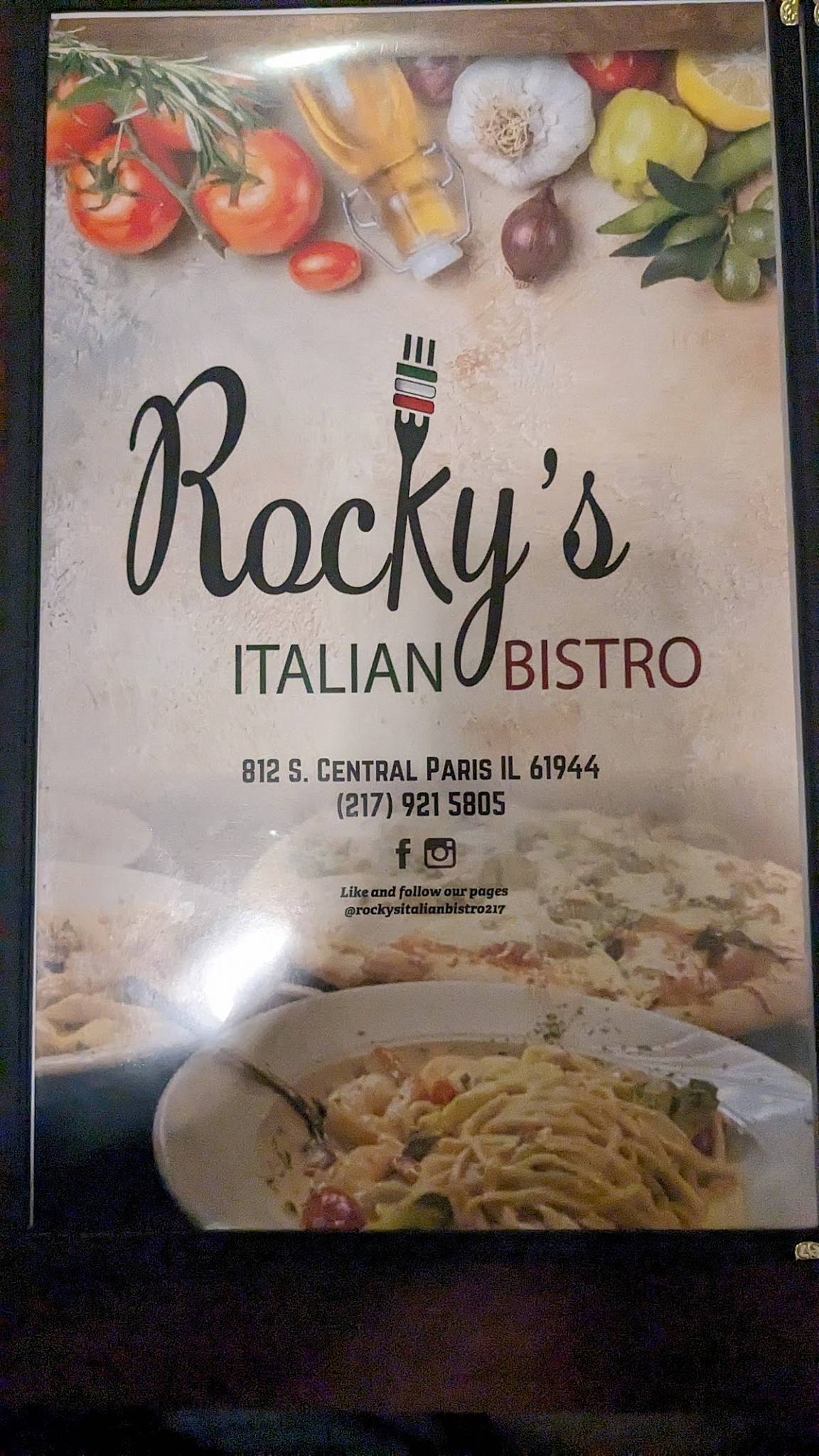 Menu at Rocky's Italian Bistro restaurant, Paris