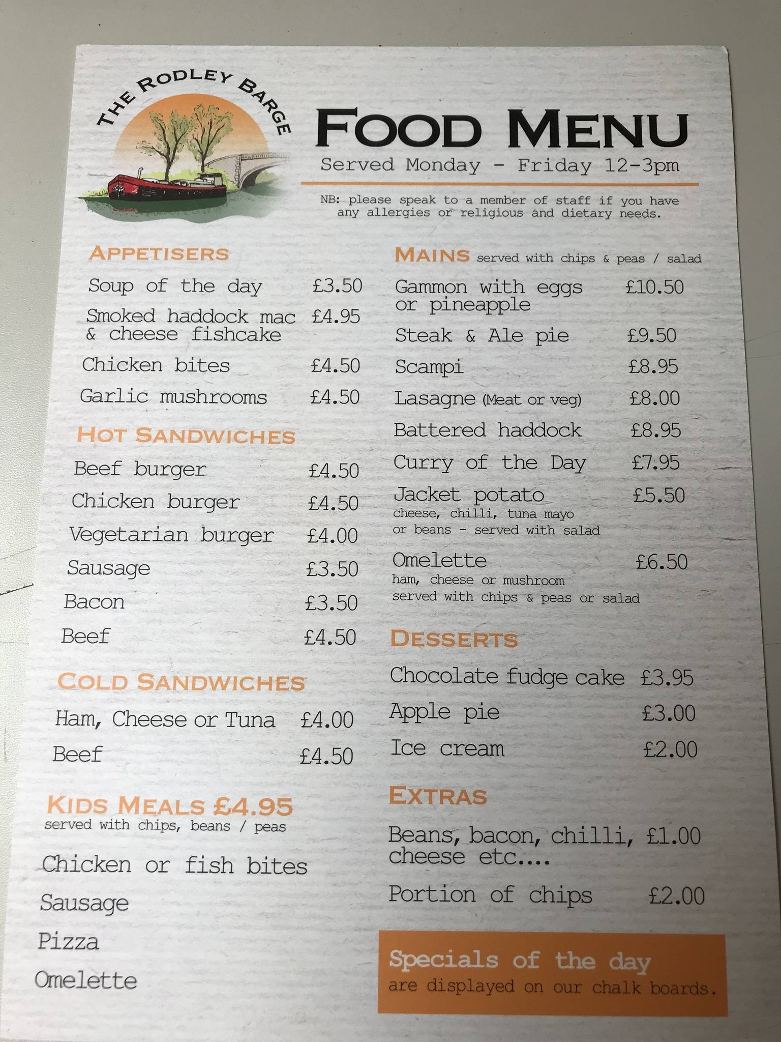 Menu at Rodley Barge, Leeds, 184 Town St
