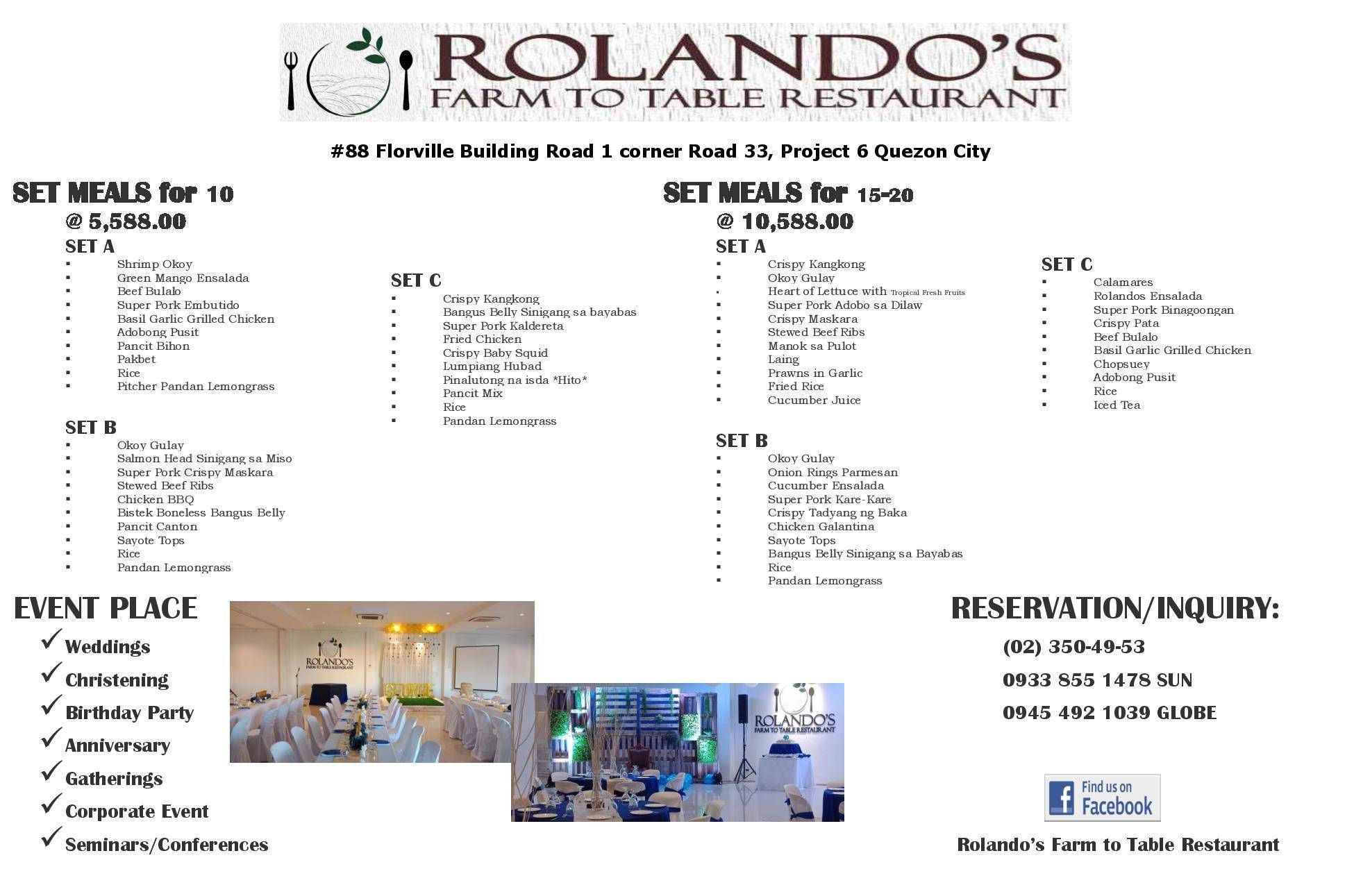 Menu at Rolando's Farm to Table Restaurant, Quezon City, Florville Building