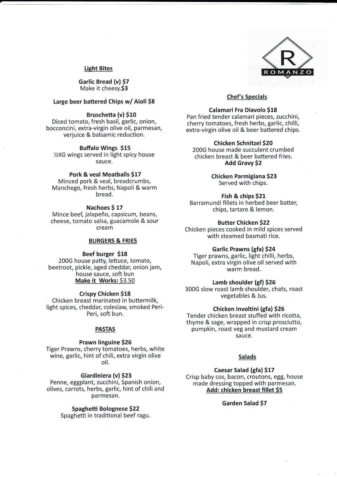 Menu at Romanza Pizzeria, Anna Bay