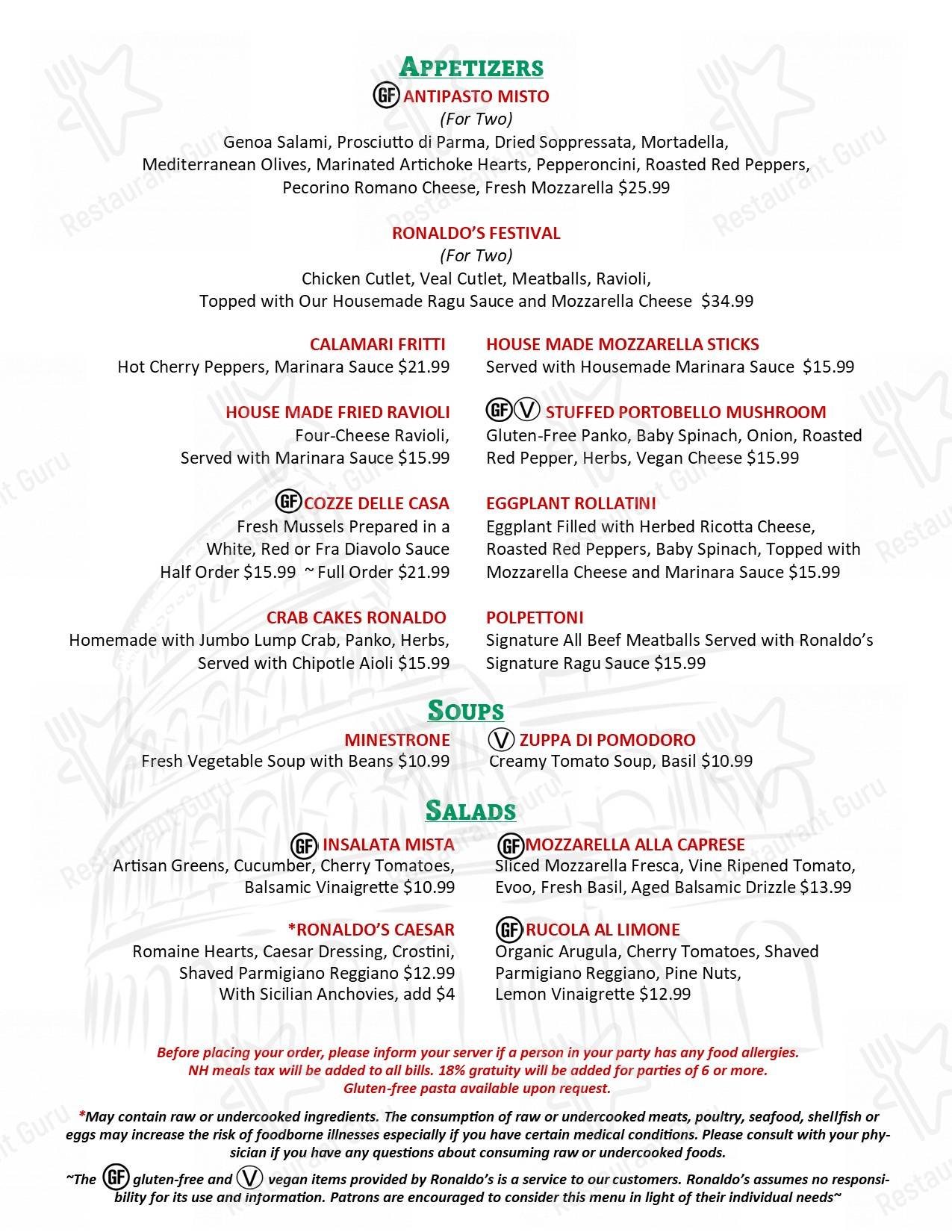 Menu at Ronaldo's Ristorante pub & bar, North Hampton