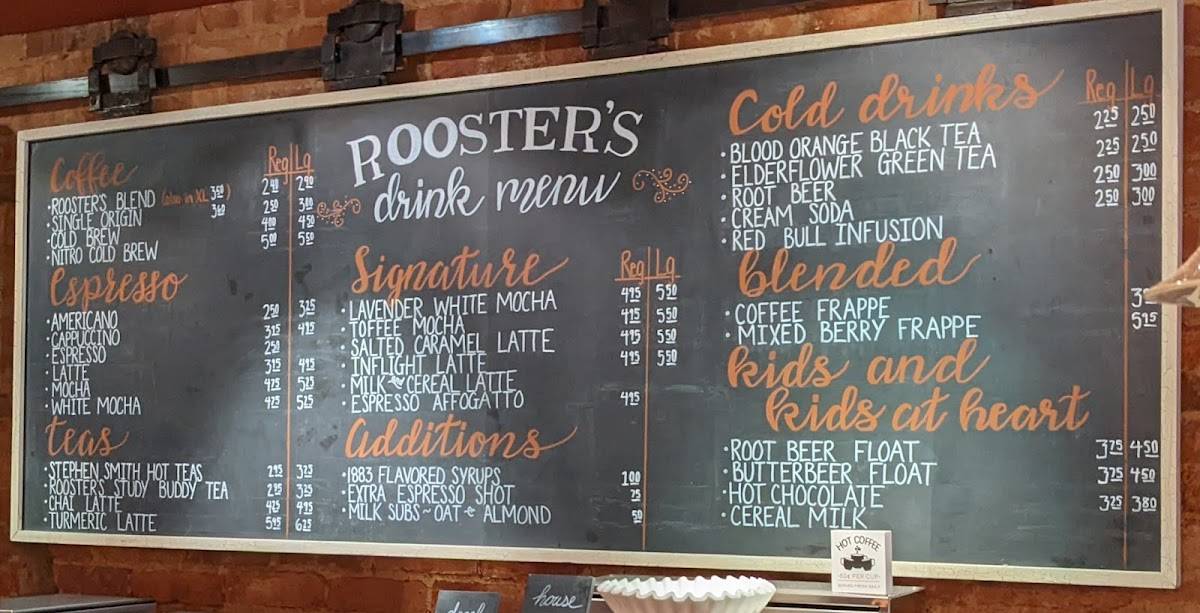 Menu at Rooster's Coffee Bar, Slippery Rock
