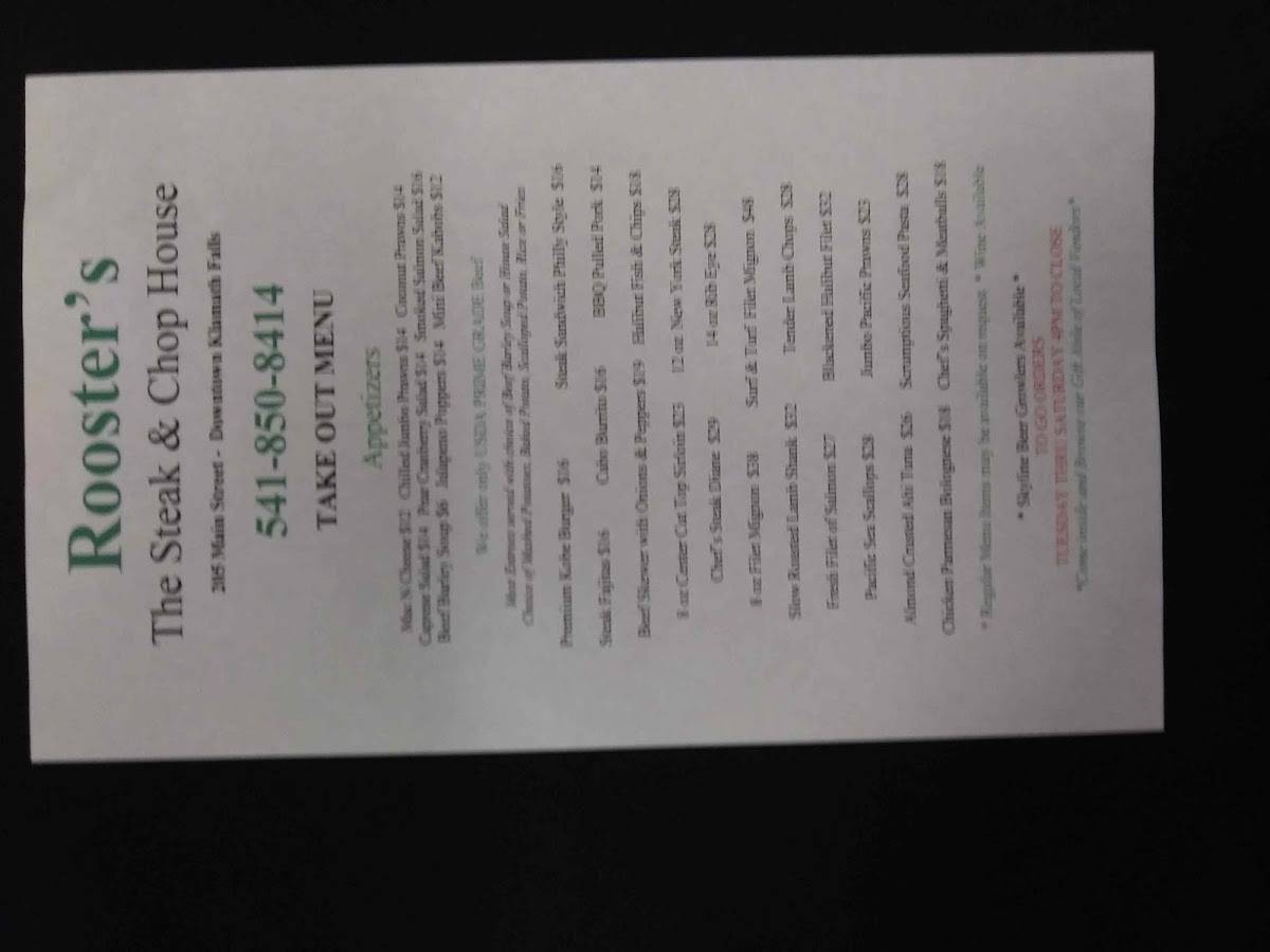 Menu at Roosters Steak & Chop House steakhouse, Klamath Falls