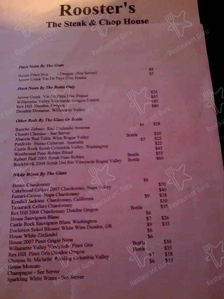 Menu at Roosters Steak & Chop House steakhouse, Klamath Falls