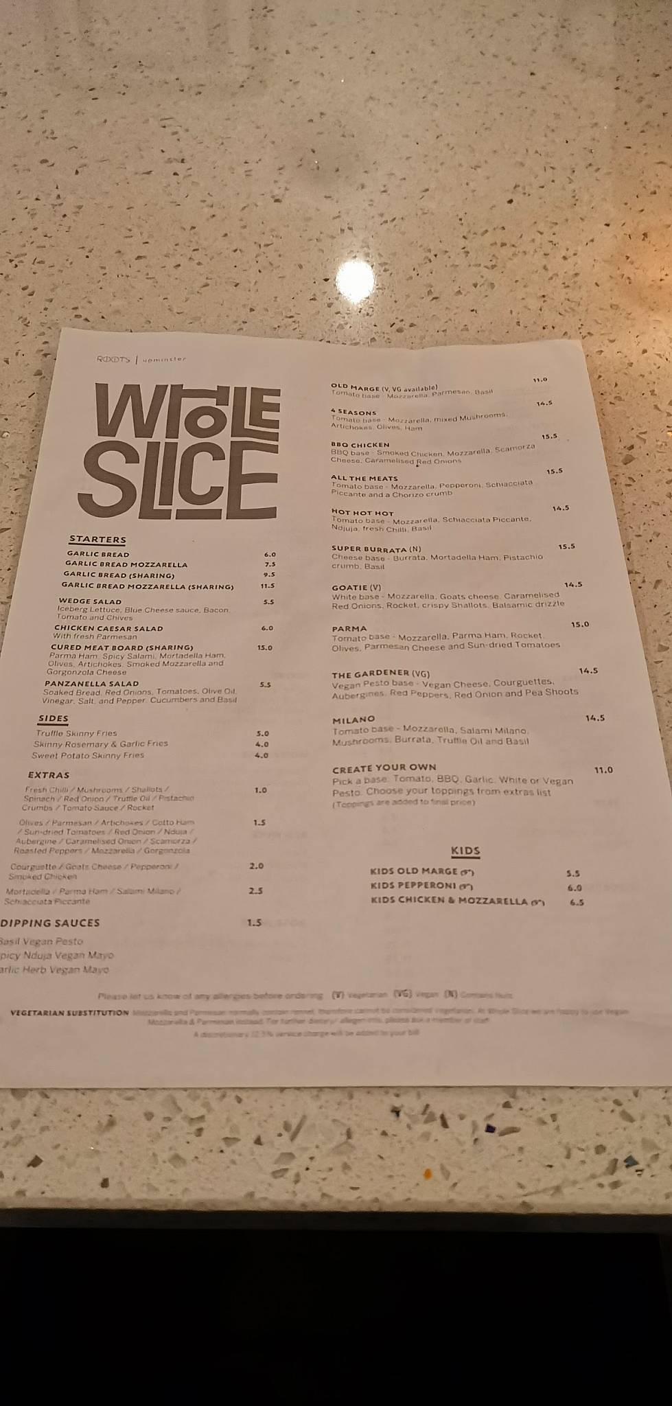 Menu at Roots x Wholeslice restaurant, Upminster, 38 Corbets Tey Rd