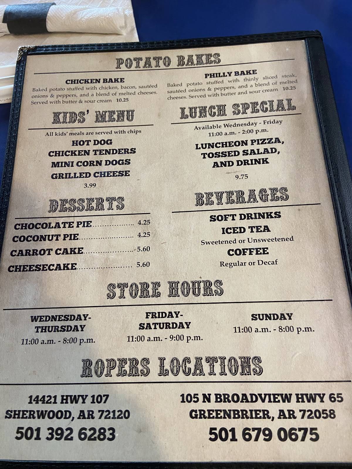 Menu at Roper's Restaurant, Beebe