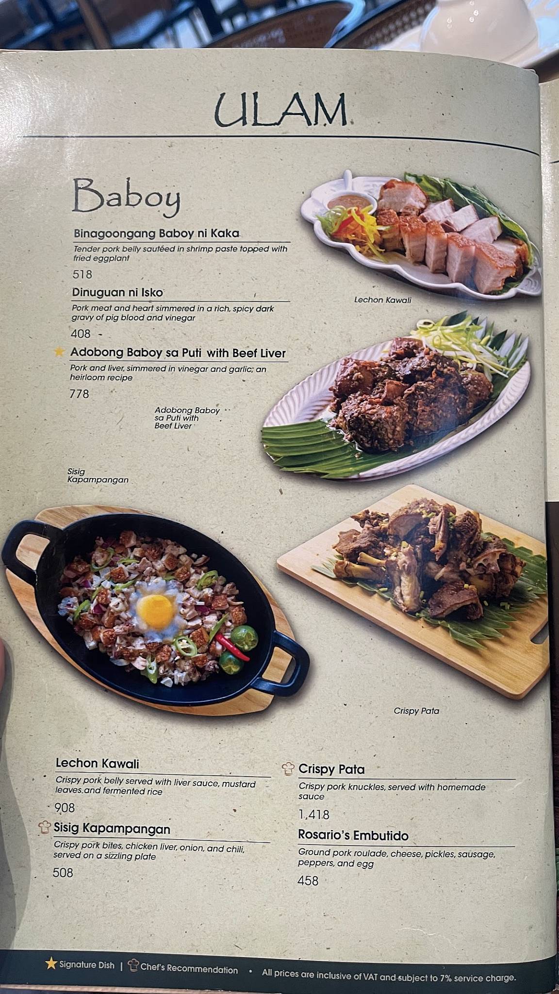 Menu at Rosario, Pamanang Panlasa restaurant, Tagaytay