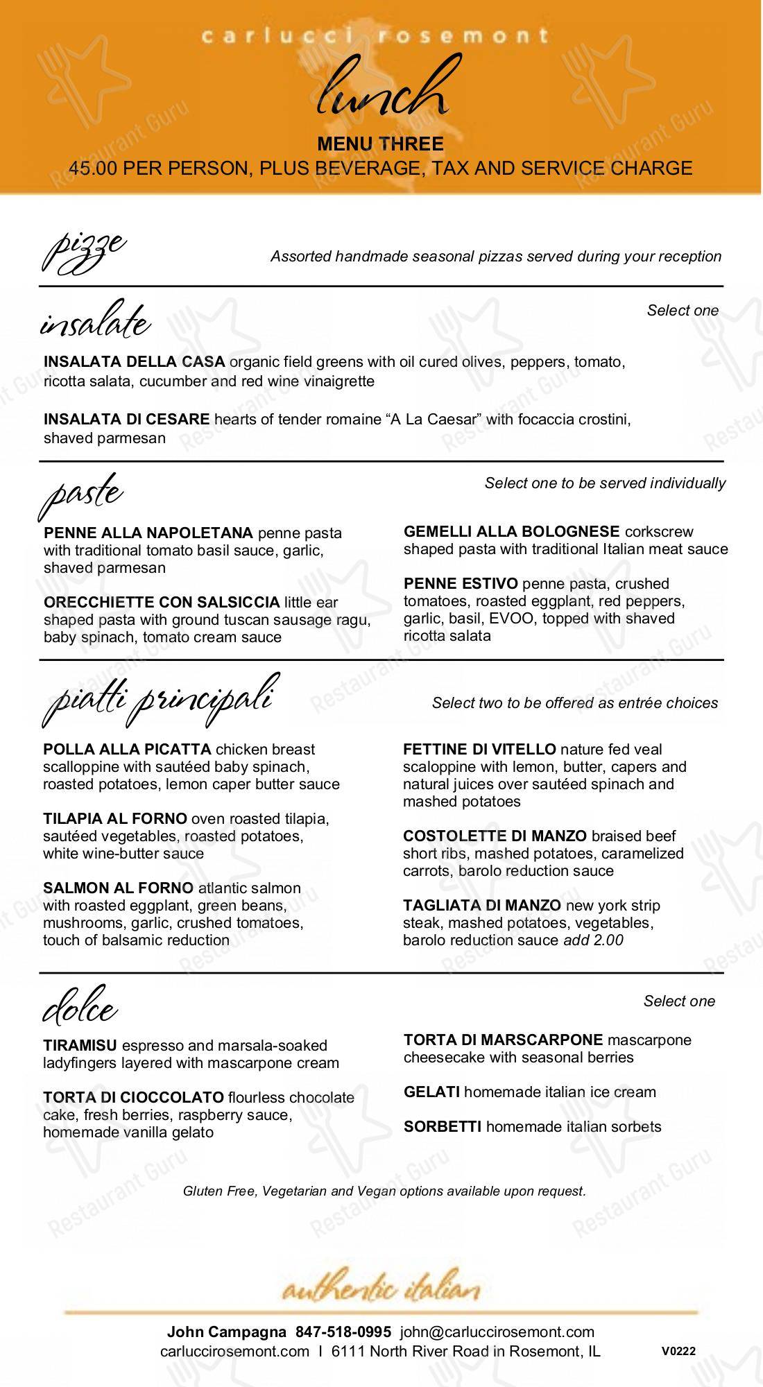 Menu at Carlucci Rosemont restaurant, Rosemont