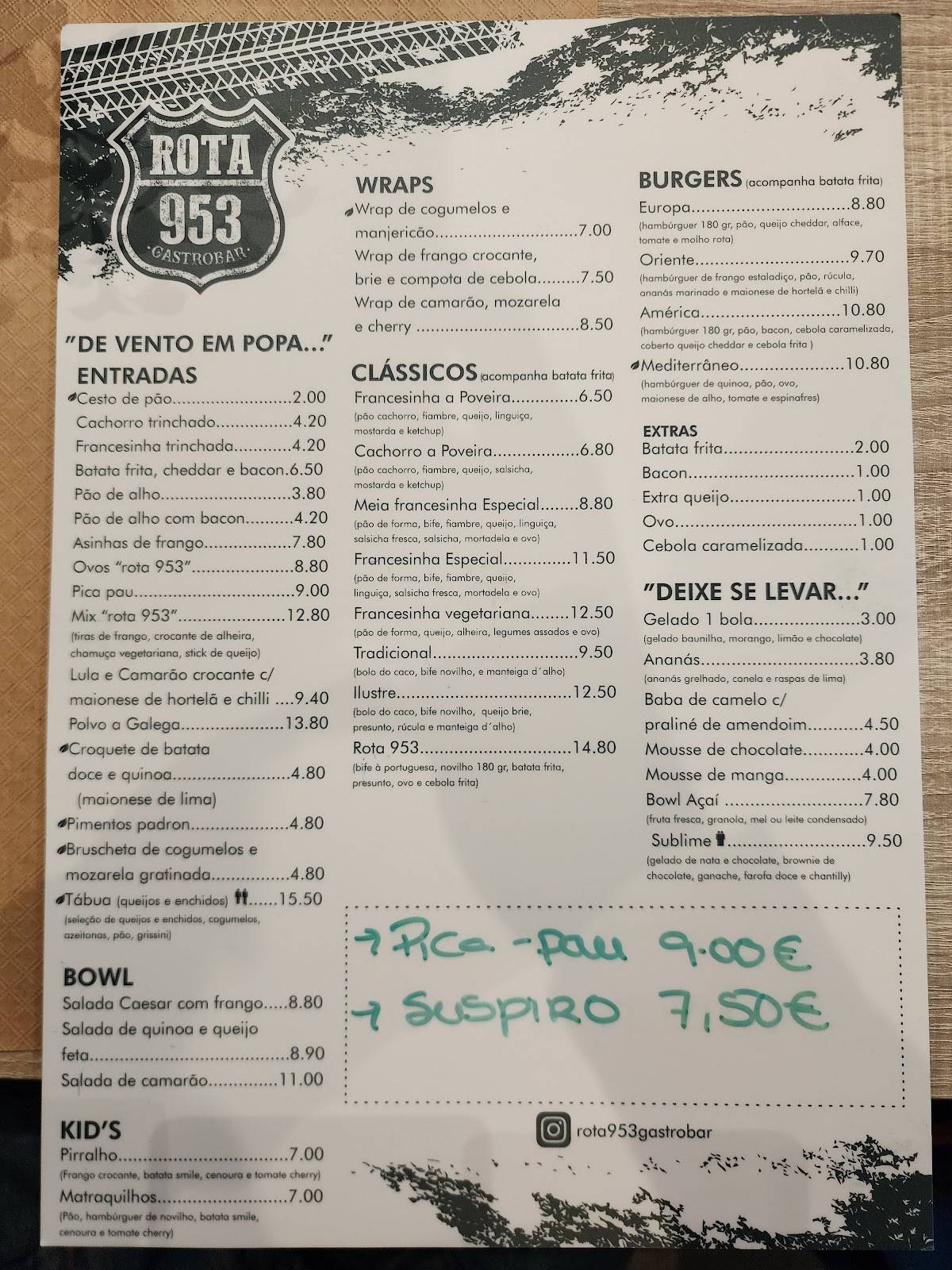 Menu at Rota 953 Snack-bar, Vila do Conde