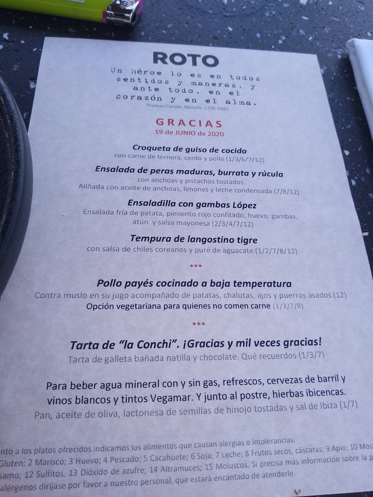 Menu at Roto restaurant, Ibiza