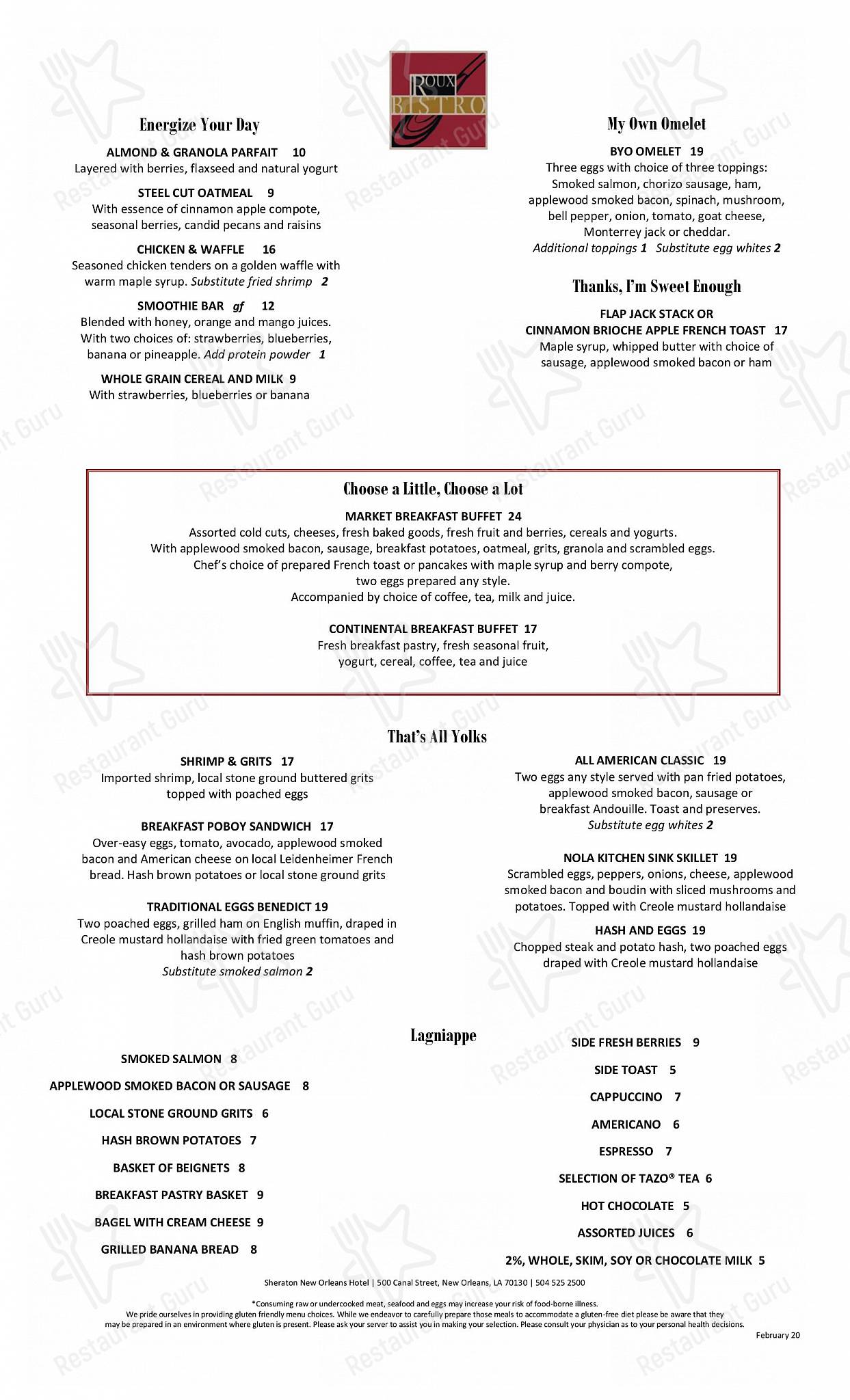 Menu at Roux Bistro pub & bar, New Orleans, Sheraton New Orleans
