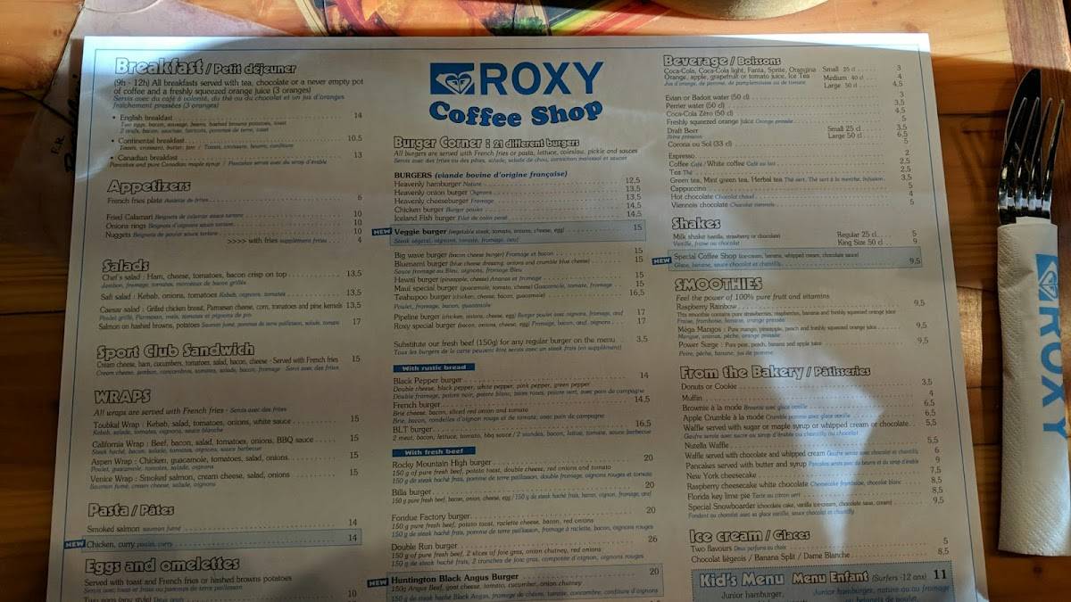 Menu at Roxy Coffee Shop cafe, Val-d'Isère