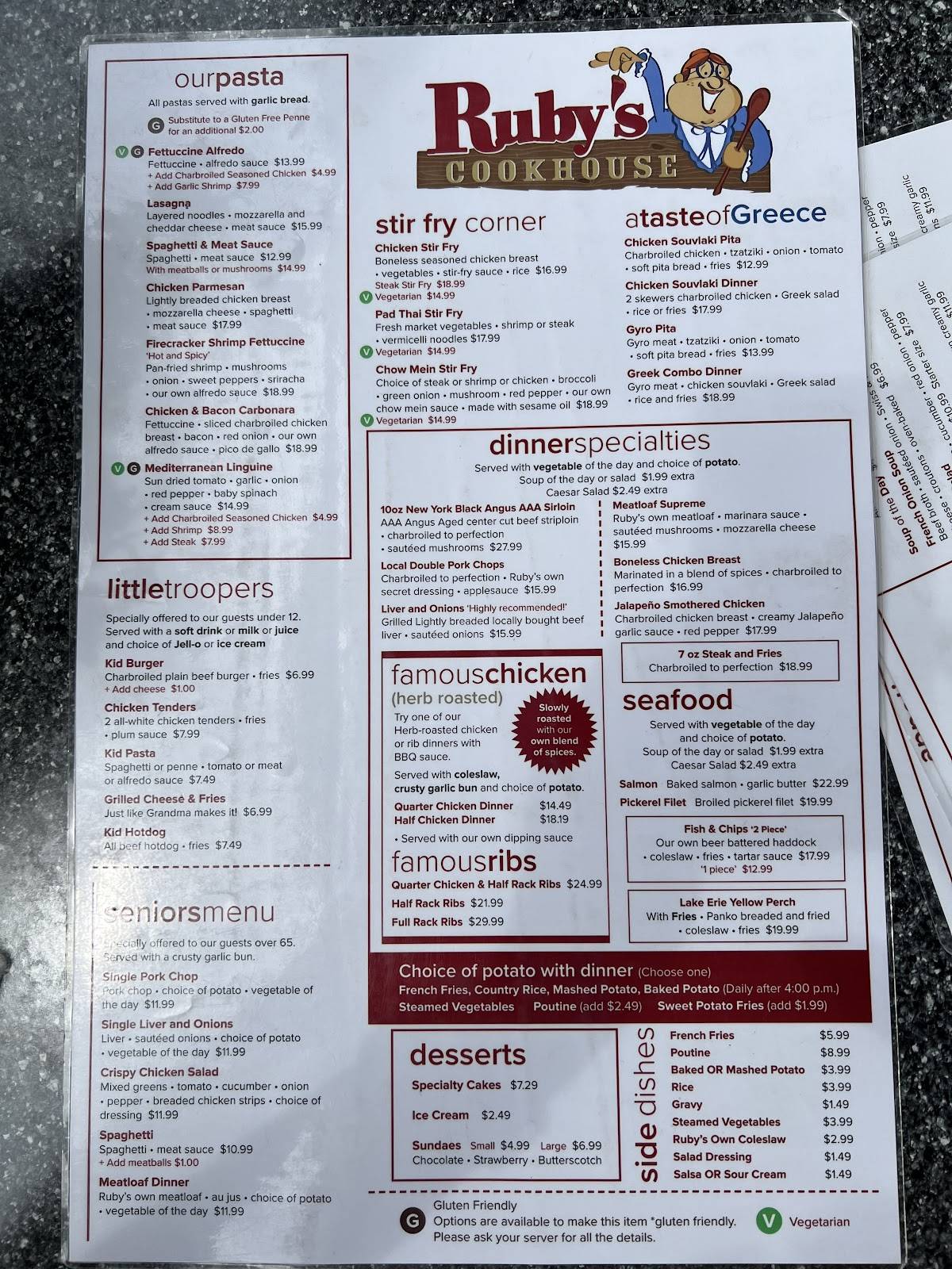 Menu at Ruby's Cookhouse restaurant, Aylmer