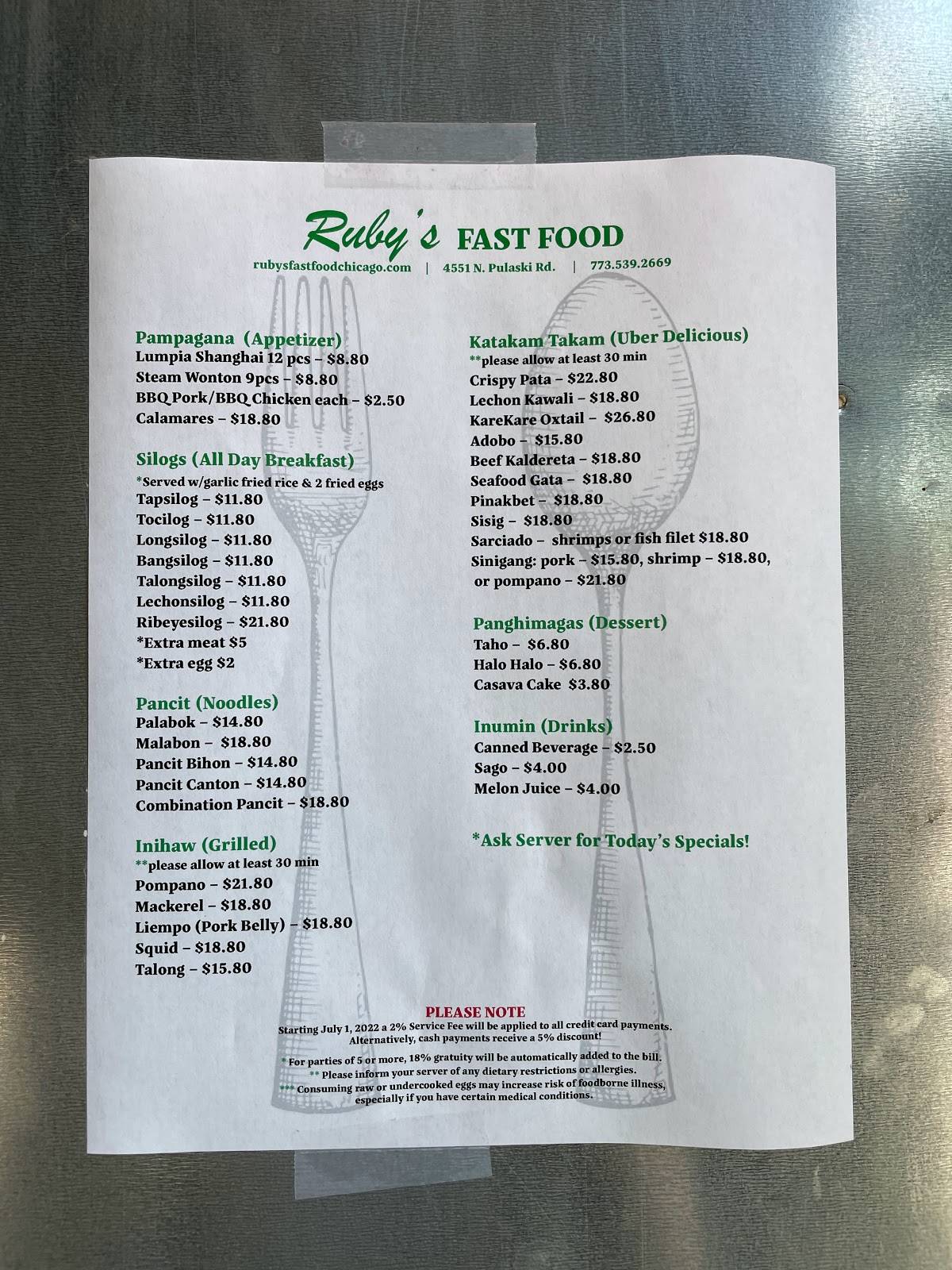 Menu at Ruby's Fast Food, Chicago