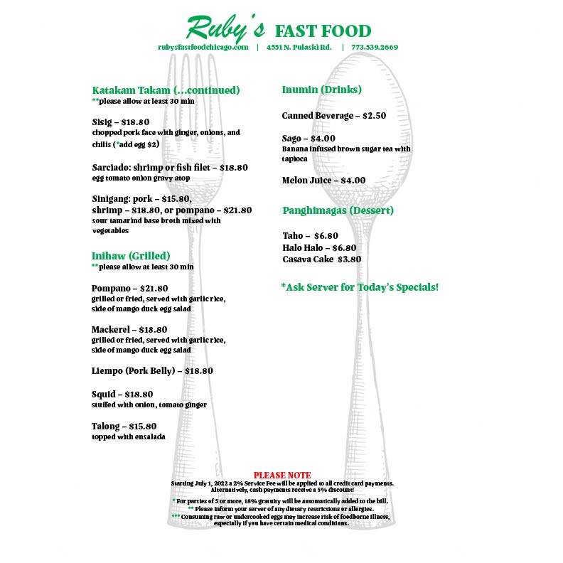 Menu at Ruby's Fast Food, Chicago