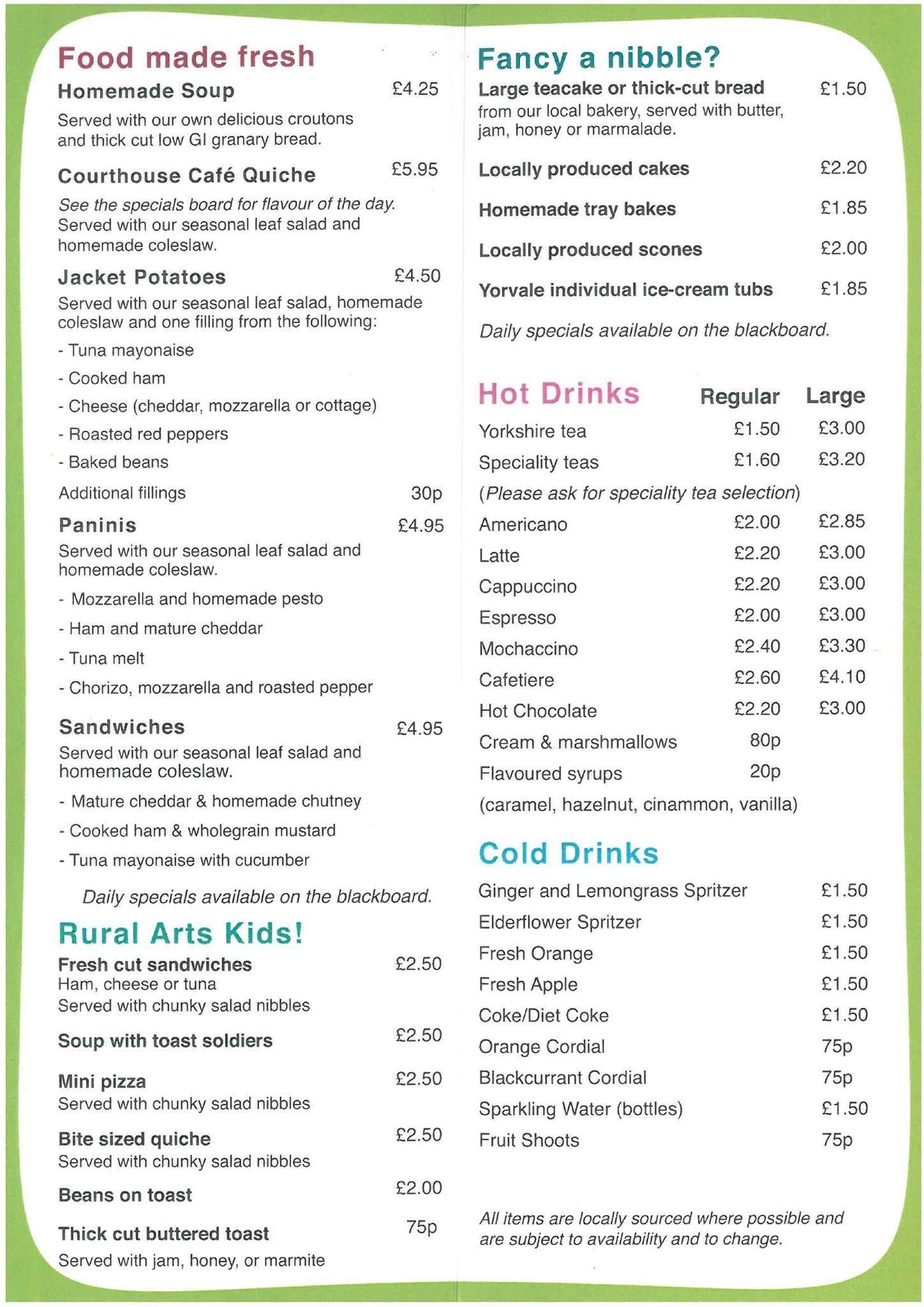 Menu at The Courthouse Cafe, Thirsk