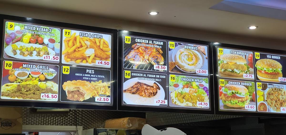Menu at Rusholme Chippy fast food, Manchester, 62 Wilmslow Rd