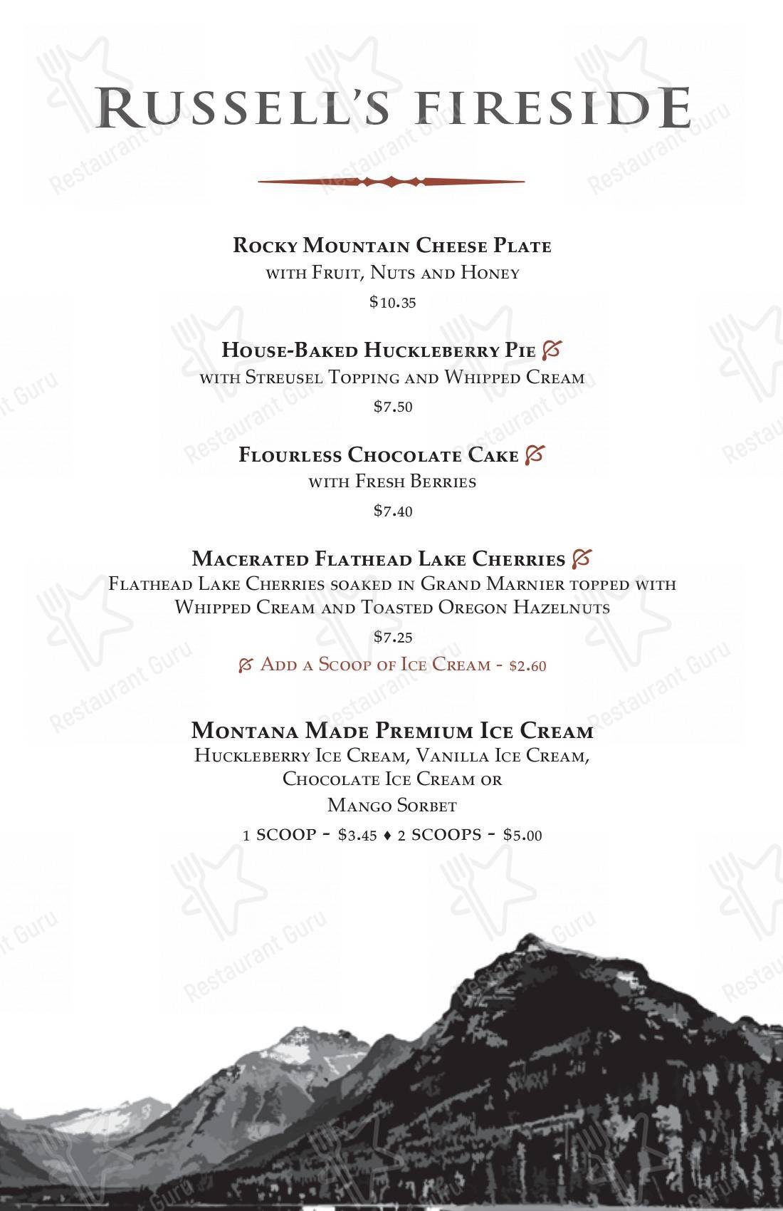 Menu at Russell's Fireside Dining Room restaurant, USA