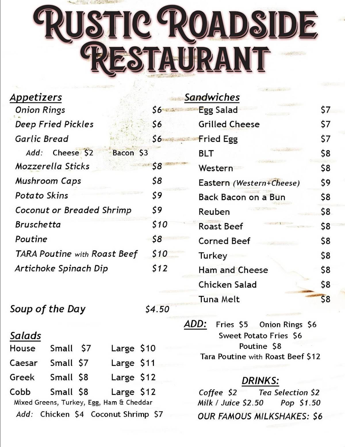 Menu at Rustic Roadside Restaurant, Gilmour