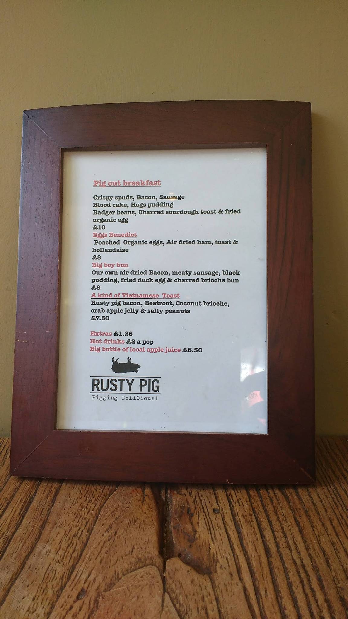 Menu at Rusty Pig restaurant, Ottery Saint Mary