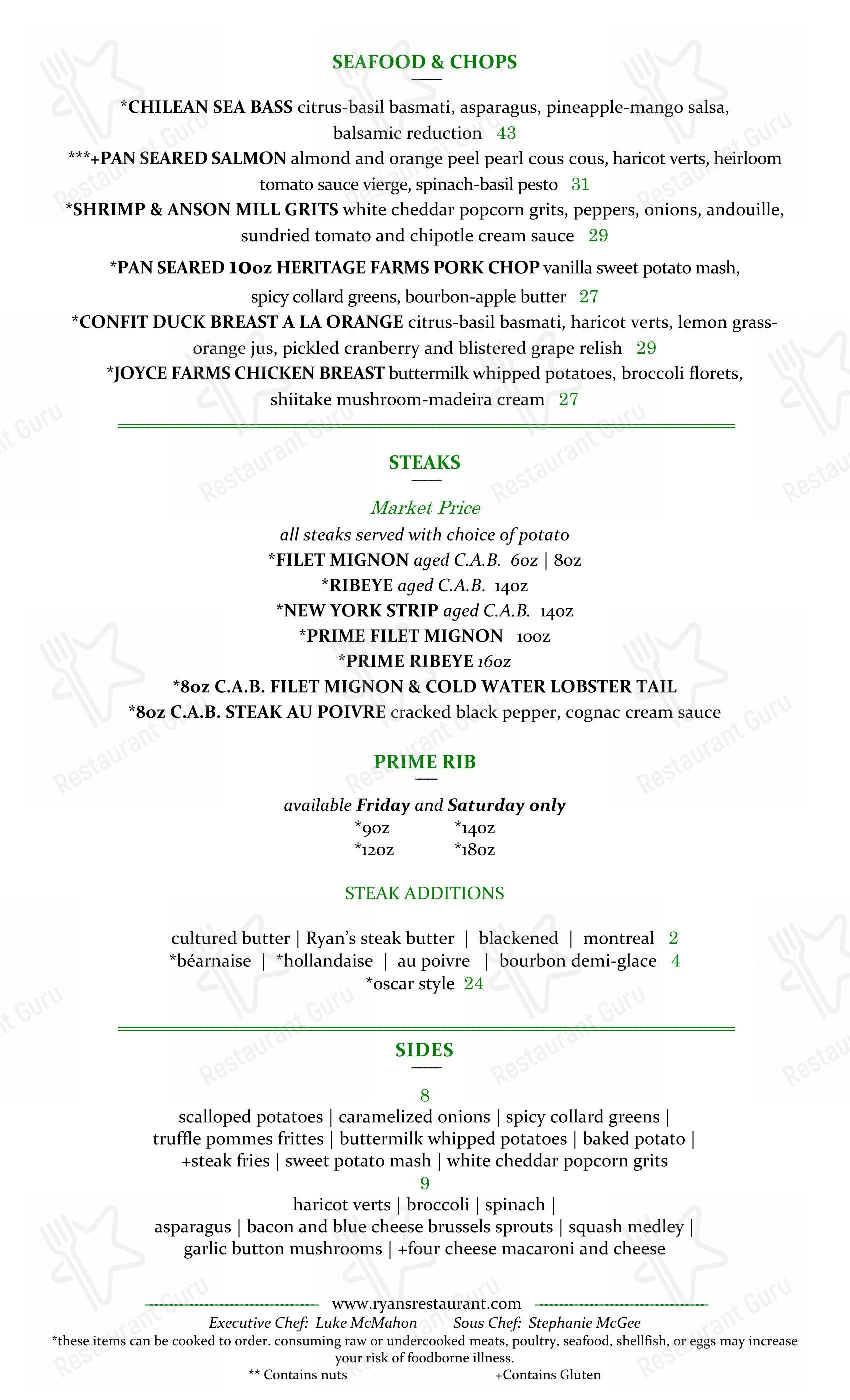 Menu at Ryan's Restaurant, Winston-Salem