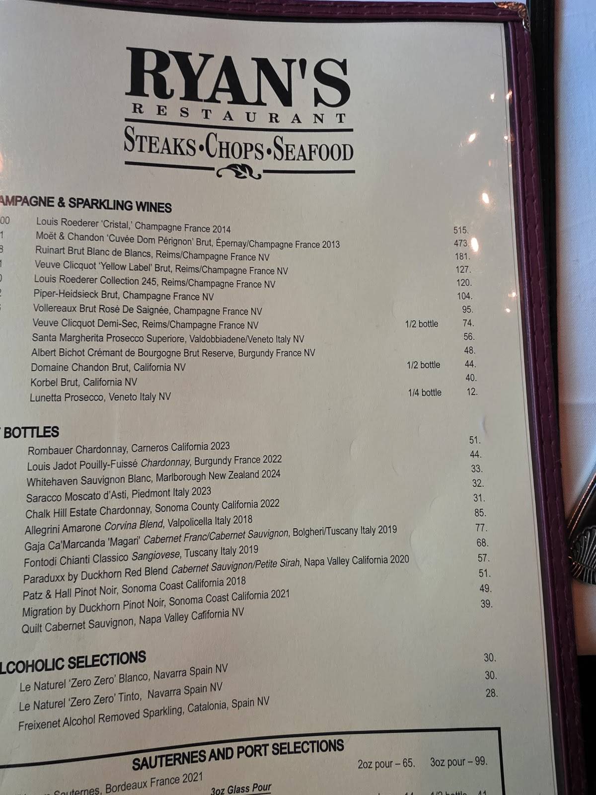 Menu at Ryan's Restaurant, Winston-Salem
