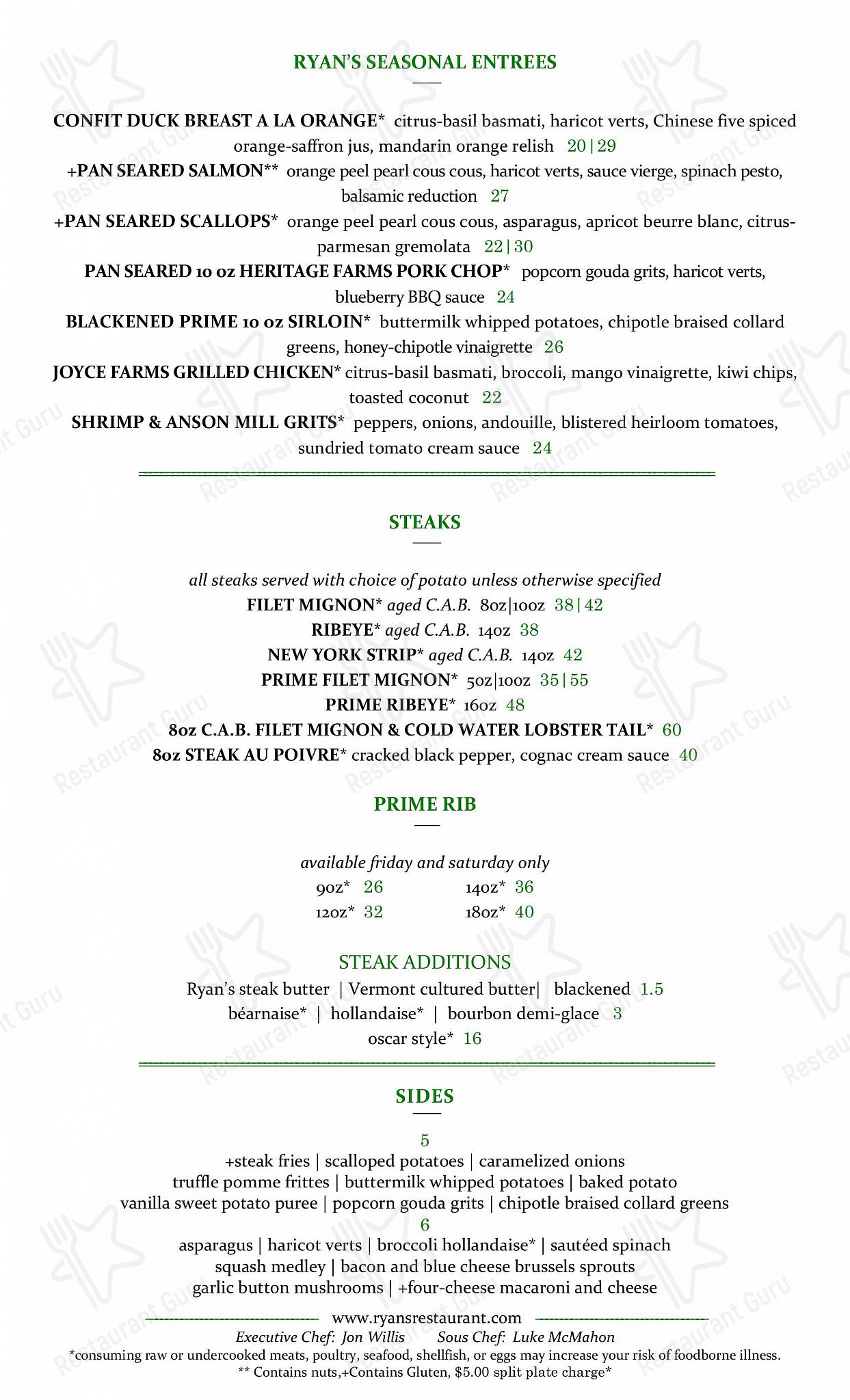 Menu at Ryan's Restaurant, Winston-Salem